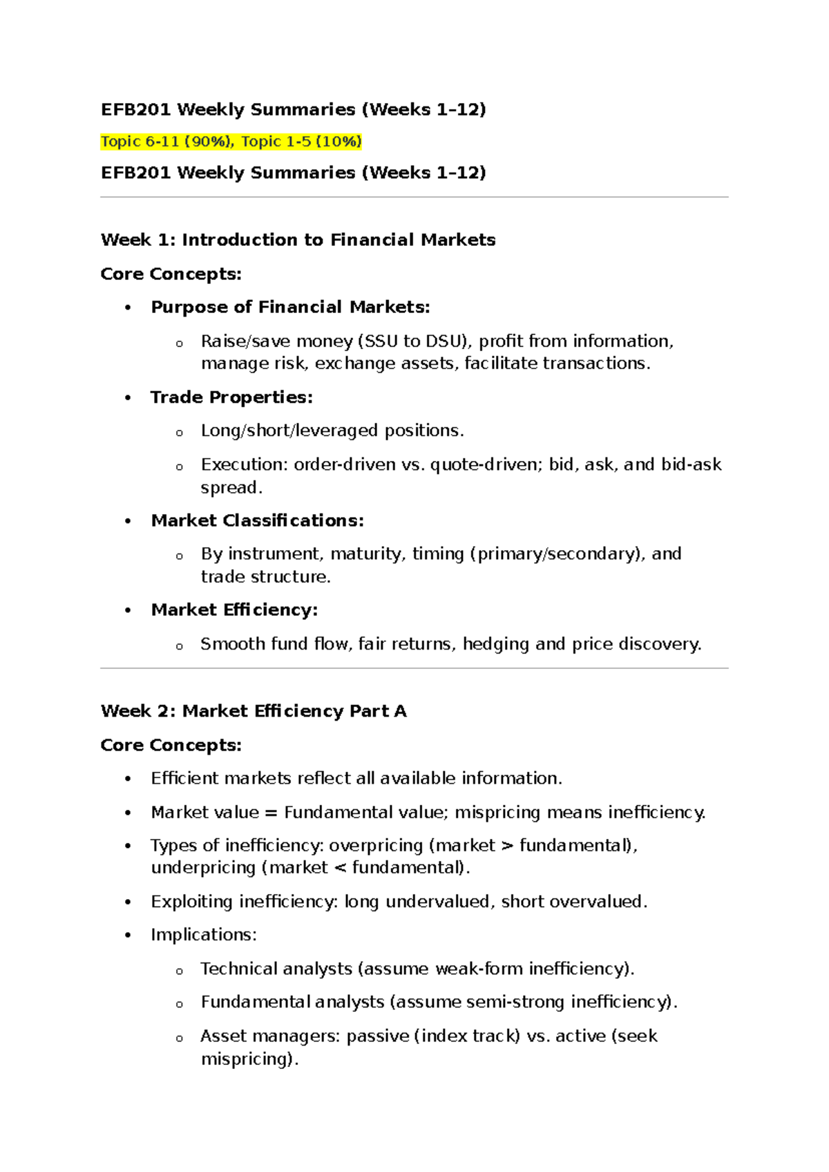 EFB201 Exam Preparation: Weekly Summaries and Key Concepts - Studocu