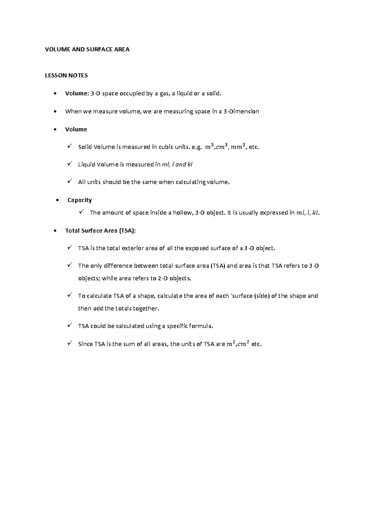 Grade 11 Volume & Surface Area Lesson Notes (VSA101) - Studocu