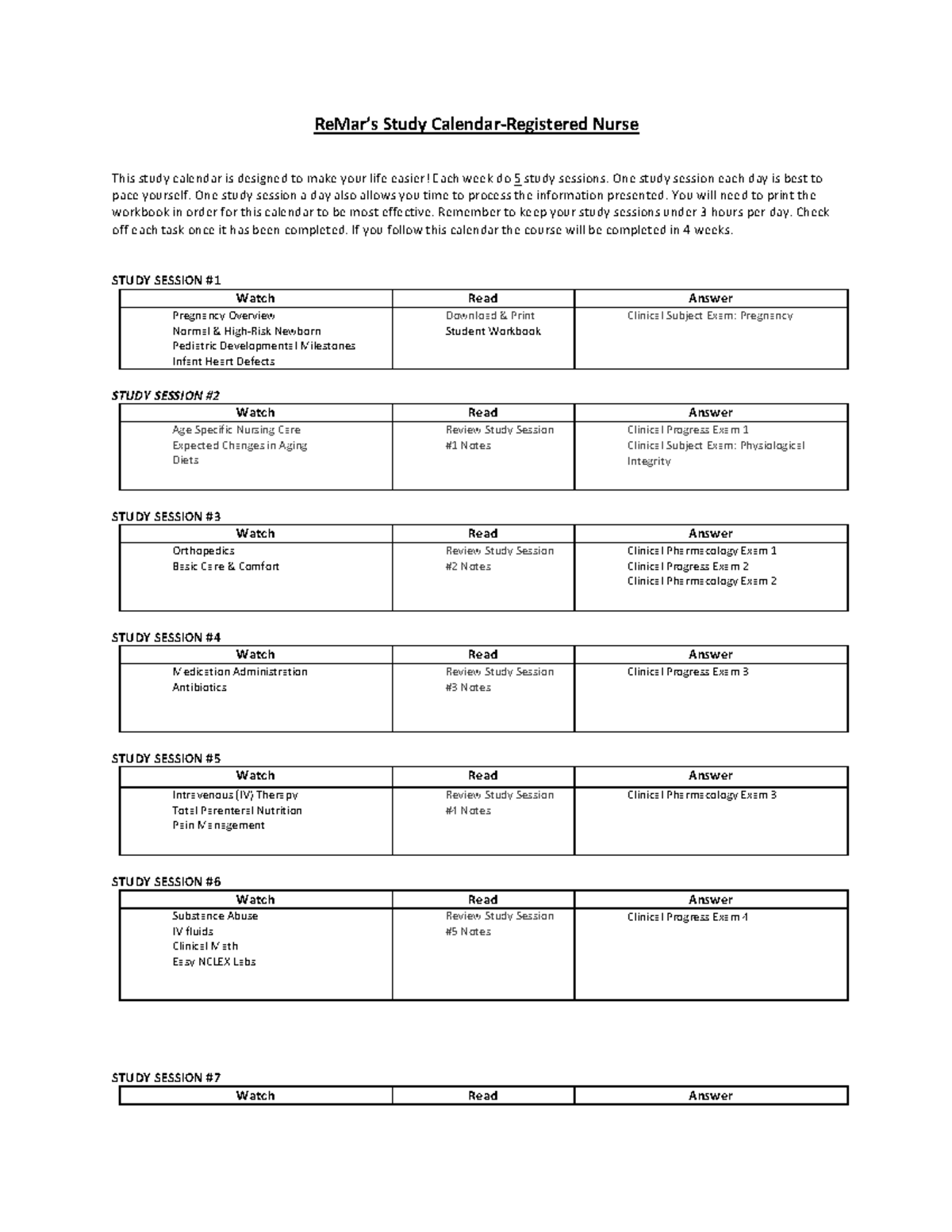 ReMar V2 Study Calendar for RN: 4-Week Study Plan and Sessions - Studocu
