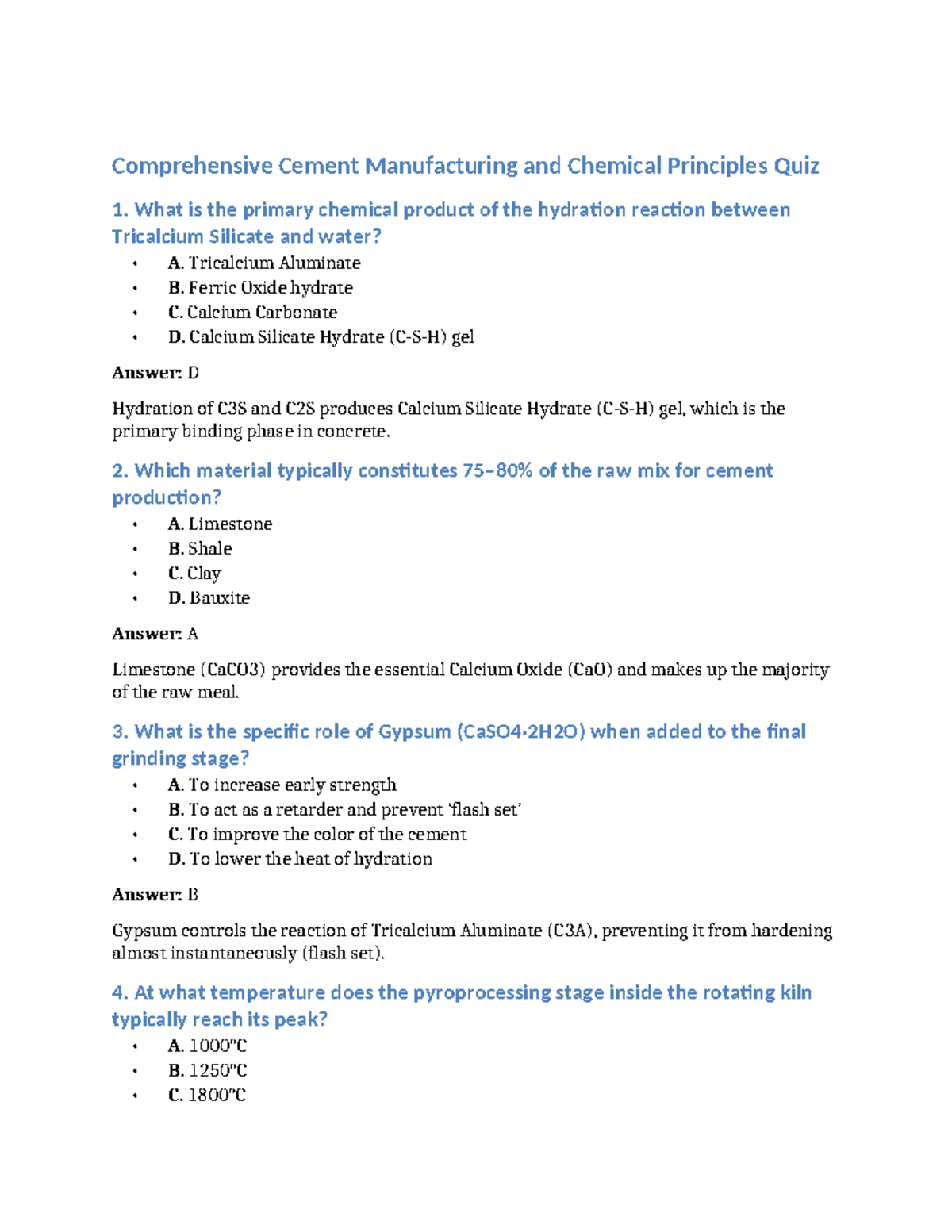 CEM 2026 Comprehensive Cement Manufacturing Quiz 1 Notes - Studocu