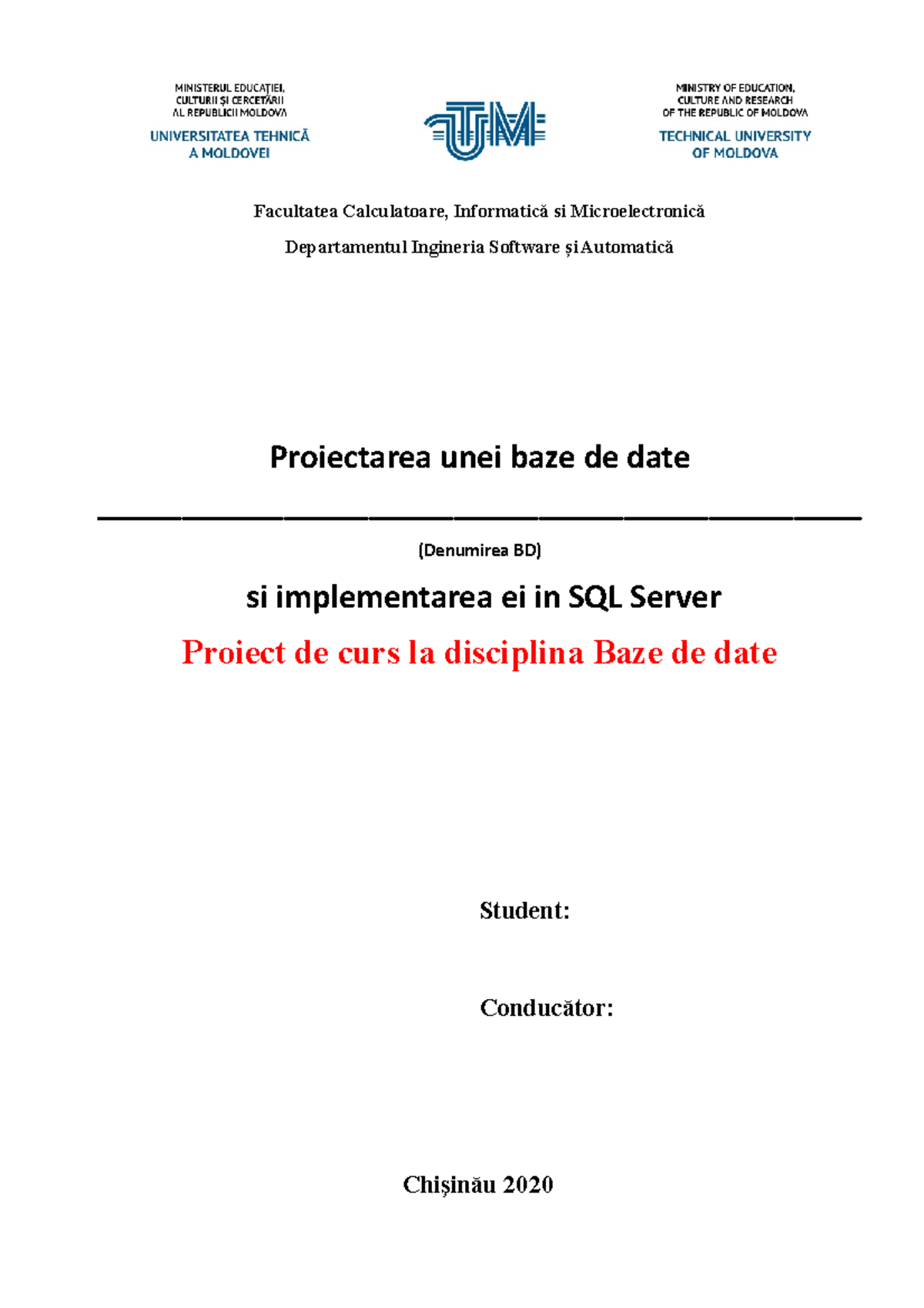 Proiect Curs BAZE DE DATE: Model Proiectare și Implementare SQL - Studocu