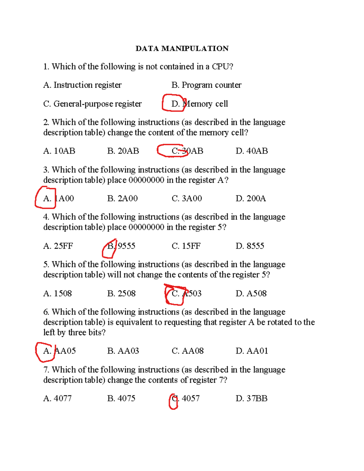 DATA Manipulation Exercise - Questions on CPU Instructions and ...