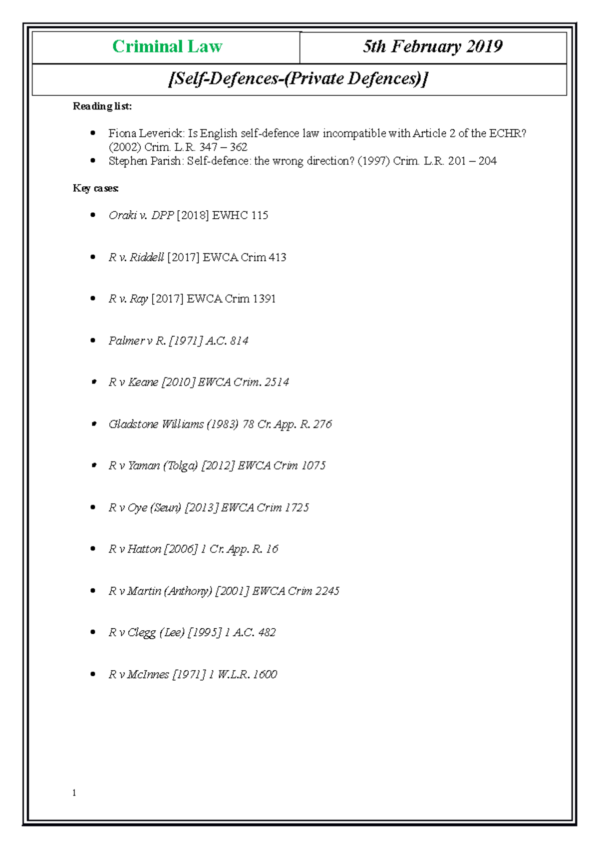 Criminal Law - self defences notes - [Self-Defences-(Private Defences ...
