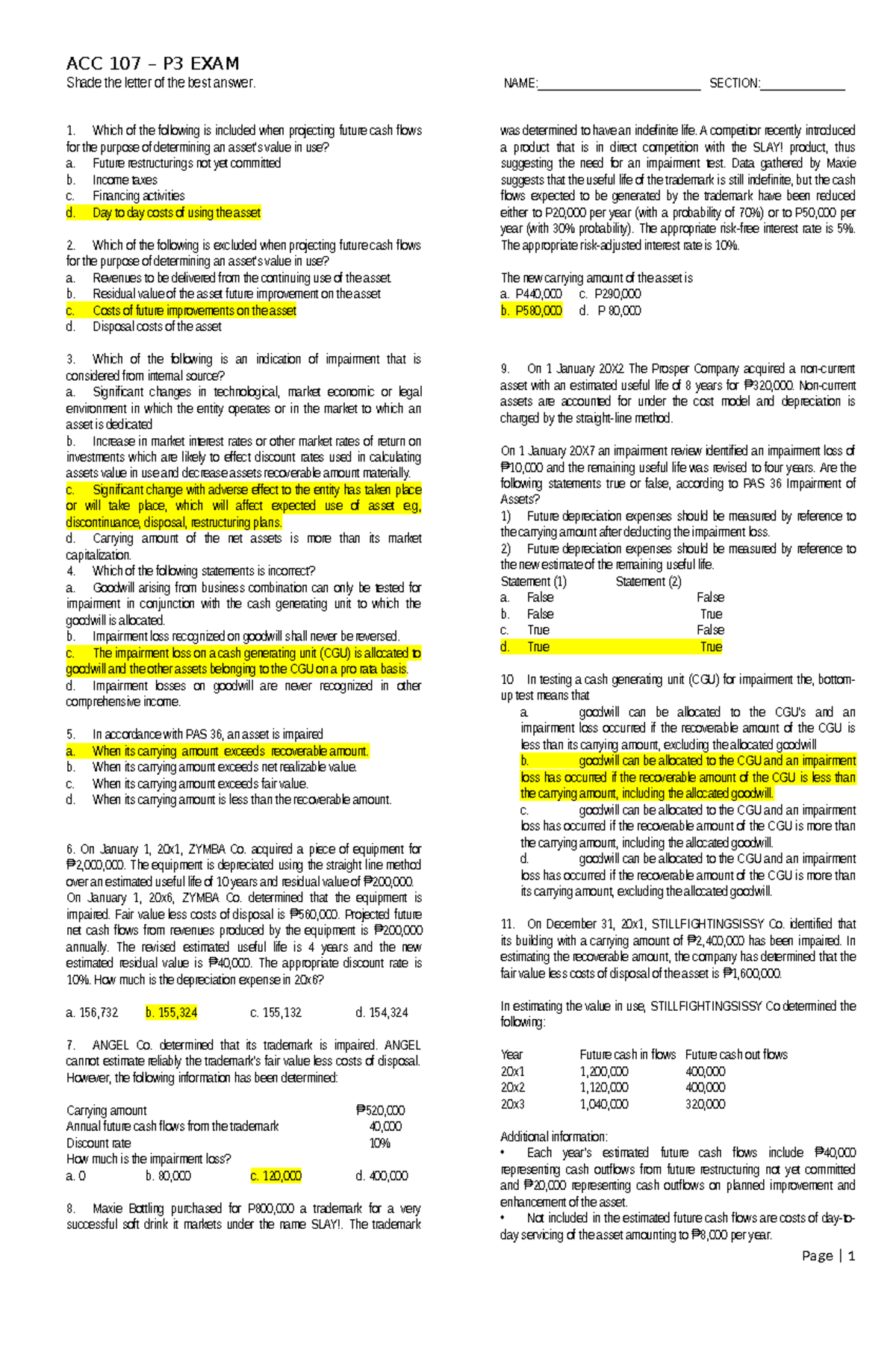 Ans-Key ACC-107-P3 Final Exam: Impairment of Assets and Cash Flows ...