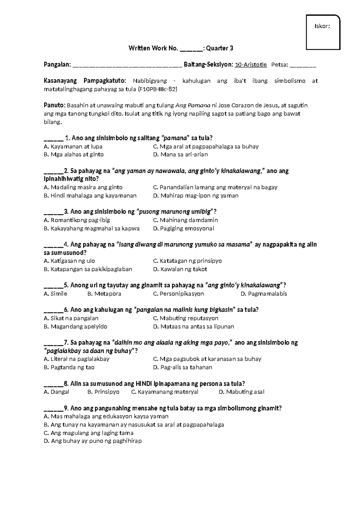 Written Work No. 3 Q3 - Practice Materials for Filipino 10 - Studocu