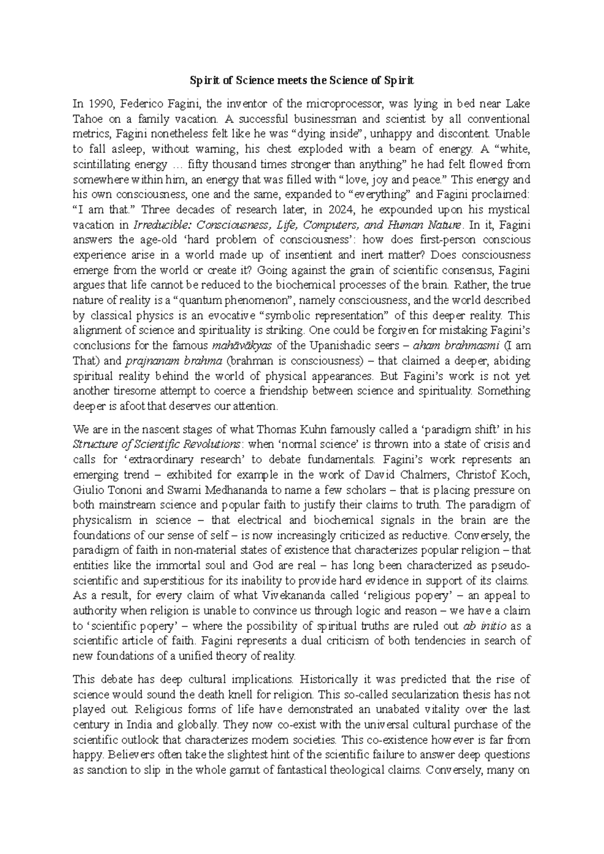 Spirit of Science vs. Science of Spirit: An Op-Ed Analysis - Studocu