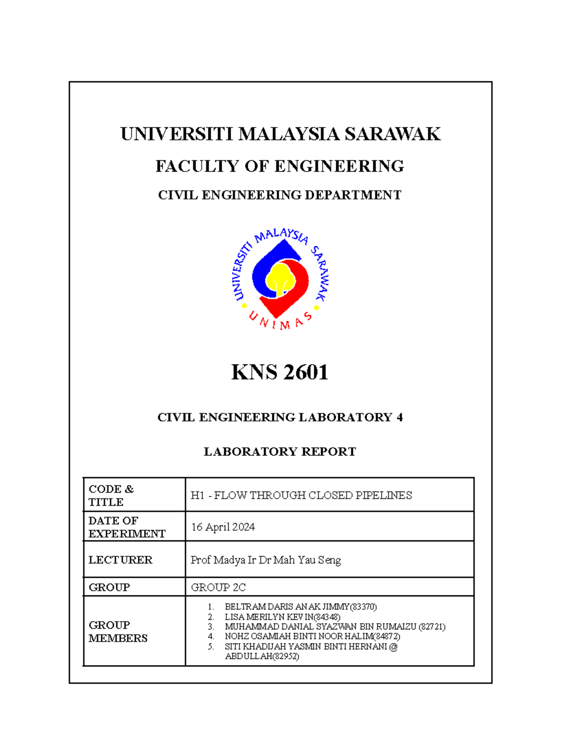 KNS 2601 Lab Report: H1 Flow Through Closed Pipelines Analysis - Studocu
