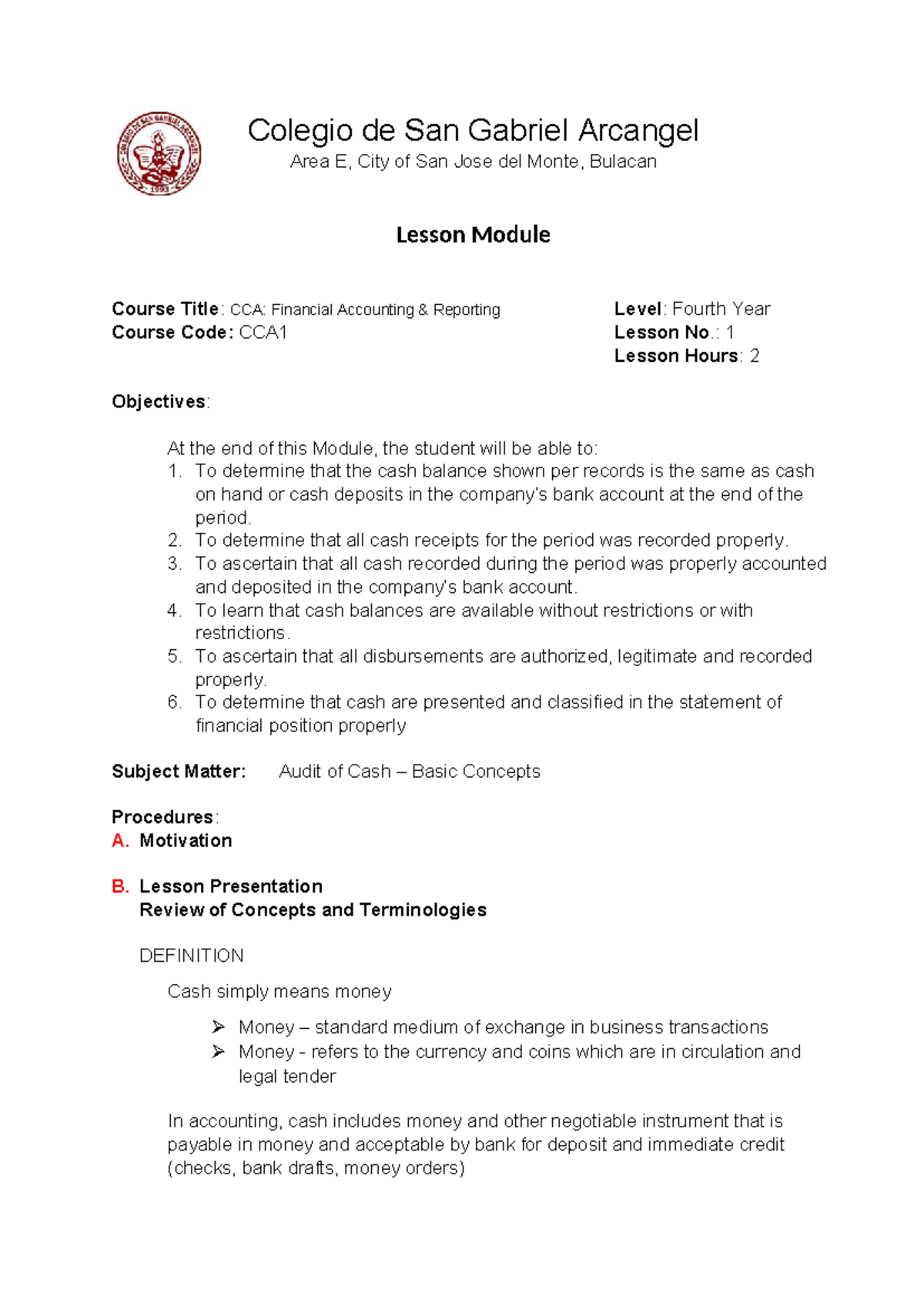 Module 1: CCA1 Financial Accounting Reporting Lesson on Cash Management ...