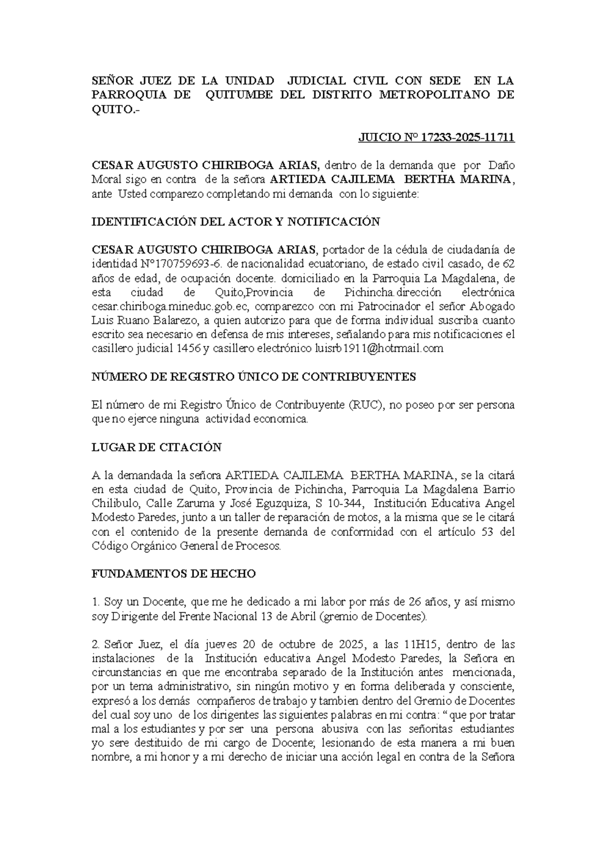 Demanda de Daño Moral - Caso Chiriboga vs. Artieda (CIVIL) - Studocu