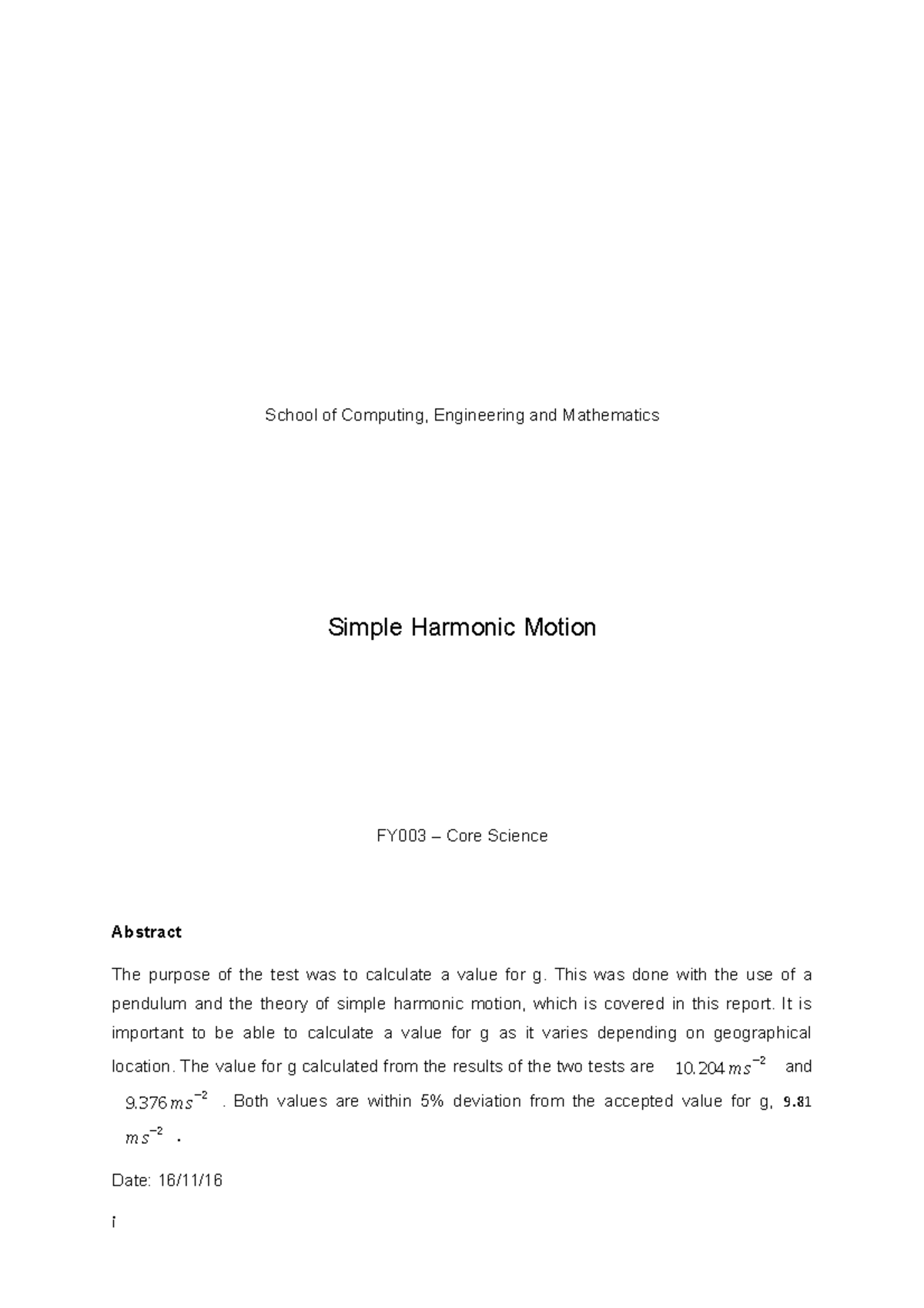 Final Lab Report on Simple Harmonic Motion - FY003 Core Science - Studocu