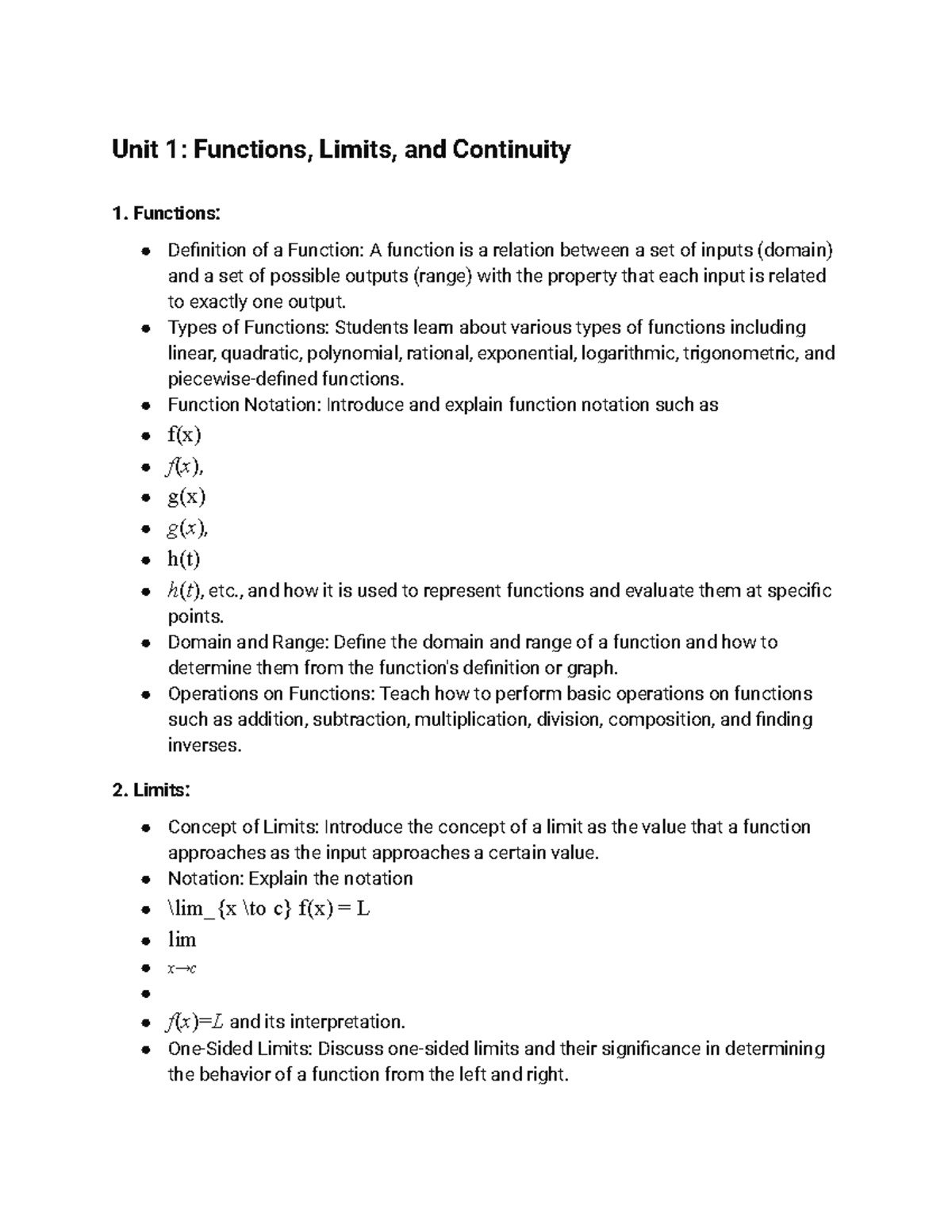 AP Calculus Unit 1: Functions, Limits, and Continuity Notes - Studocu