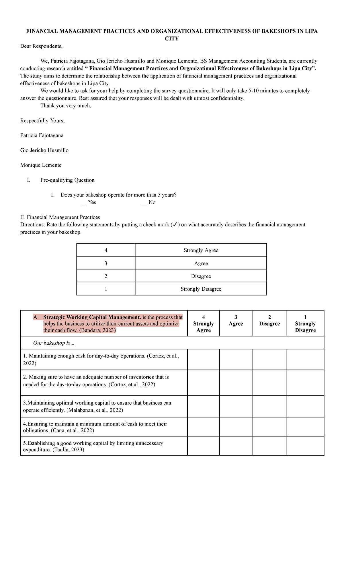Financial Management Practices Survey for Bakeshops in Lipa City - Studocu