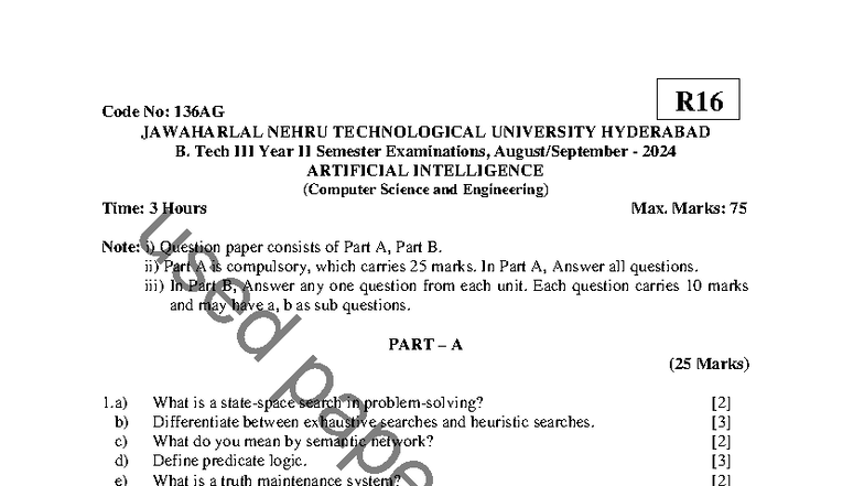 B.Tech II Sem 2024 AI Exam Paper (R16 Code No: 136AG) - Studocu