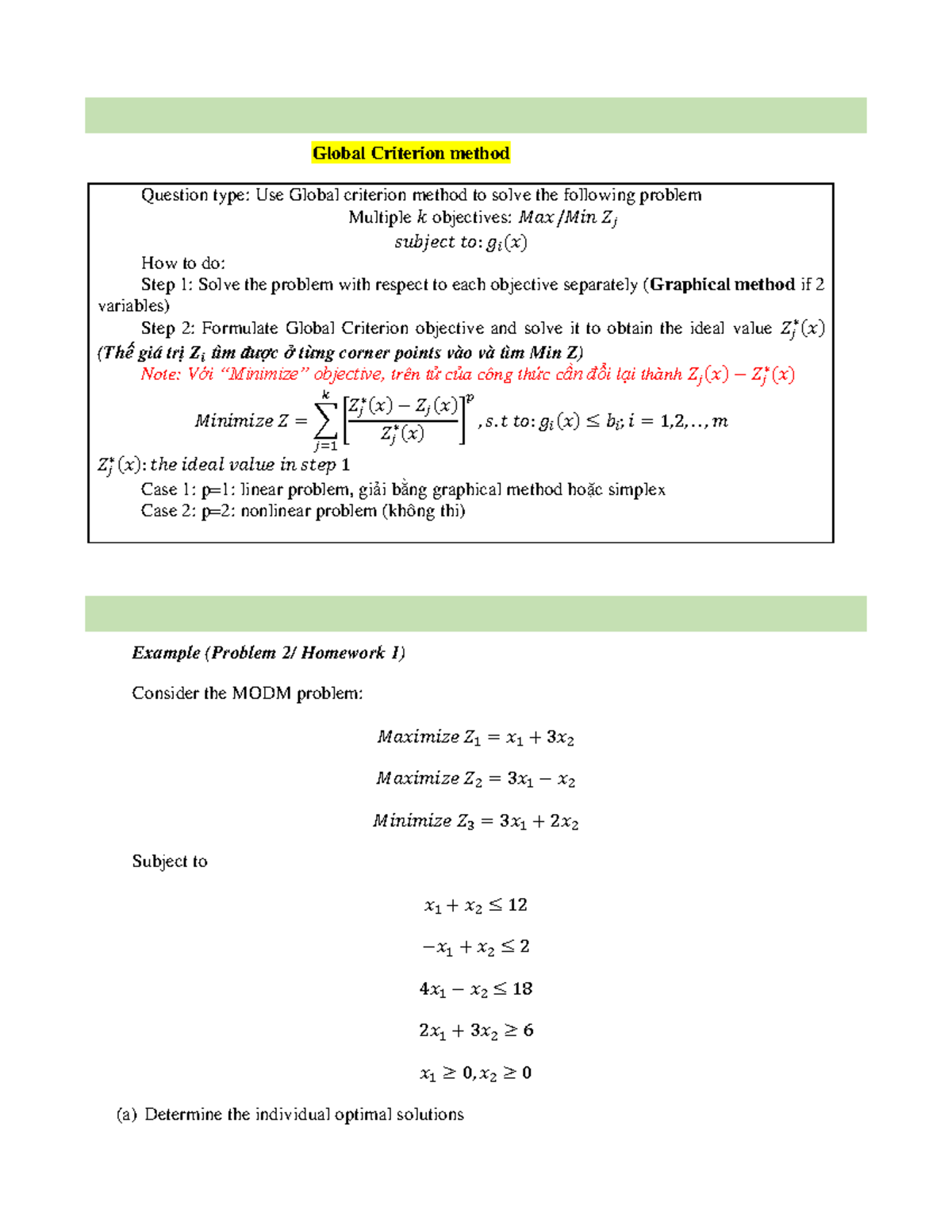 Review-MCDM - good luck - Global Criterion method Question type: Use ...