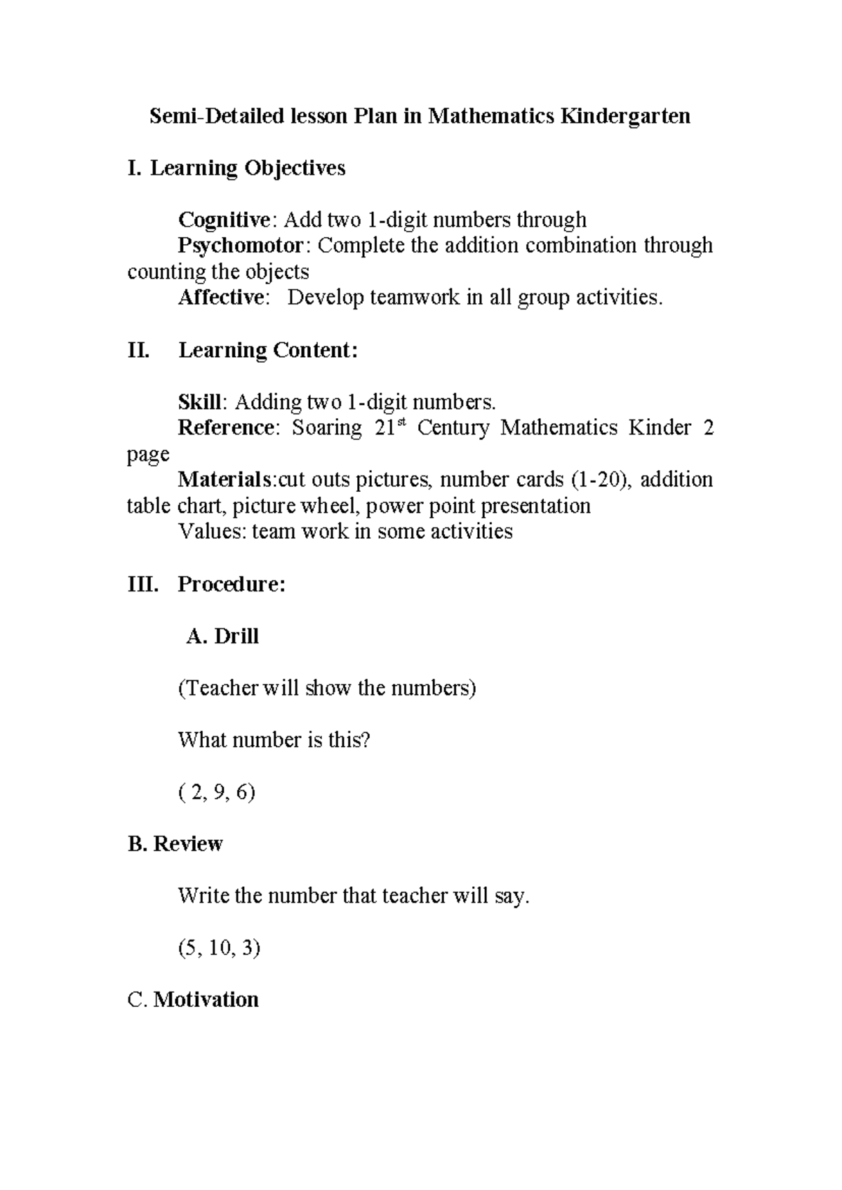 KINDERGARTEN MATH SEMI-DETAILED LESSON PLAN ON ADDITION (K-12) - Studocu