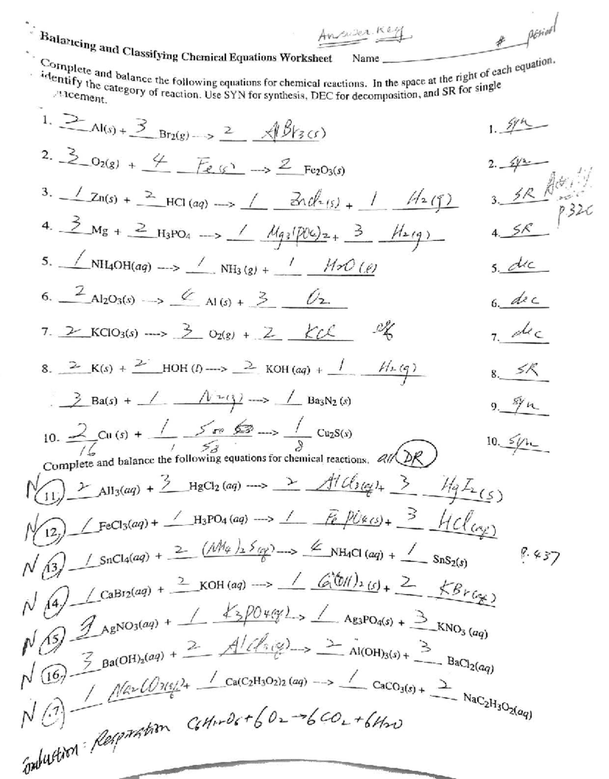 Chemical Reactions Classification Worksheet Answer Key (CHEM 101) - Studocu