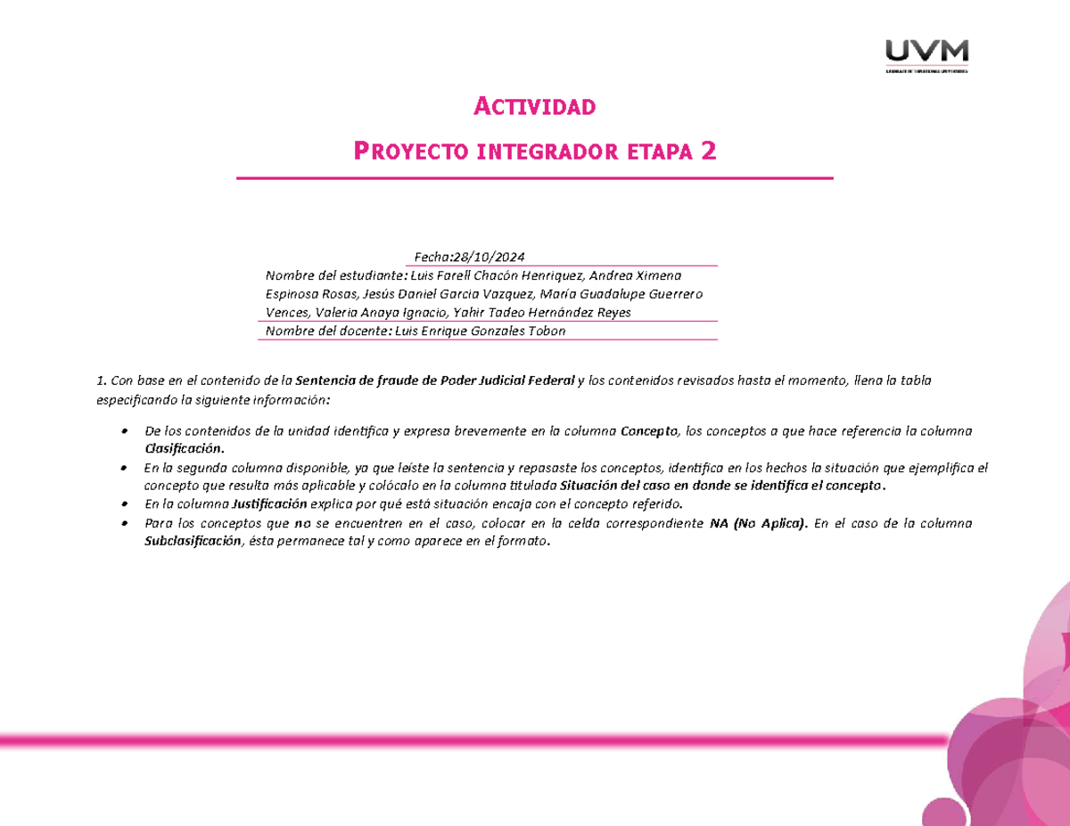 ACTIVIDAD 3. PROYECTO INTEGRADOR ETAPA 2 - ACTIVIDAD PROYECTO INTEGRADOR ETAPA 2 Fecha:28/10 ...