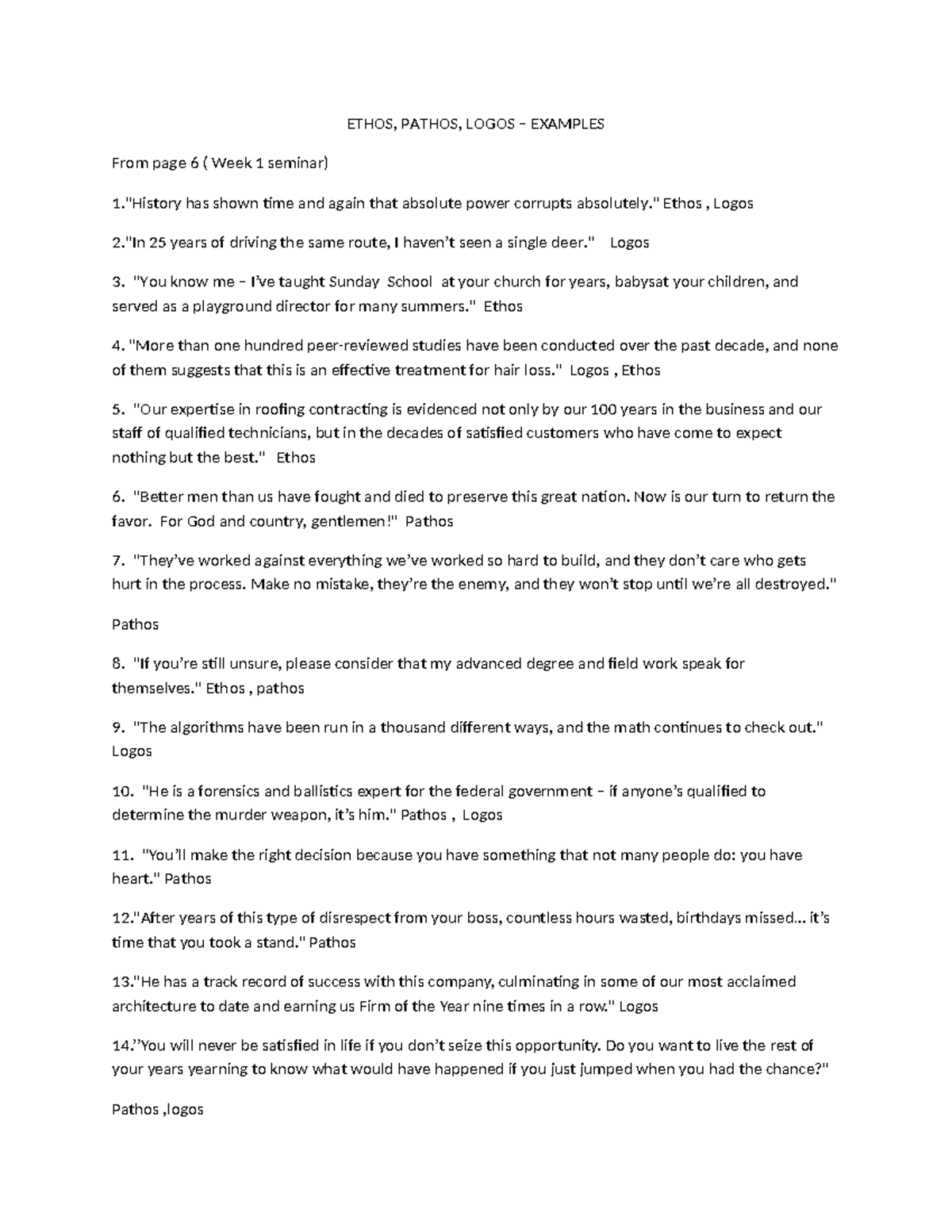 ETHOS, PATHOS, LOGOS: Examples and Analysis from Week 1 Seminar - Studocu