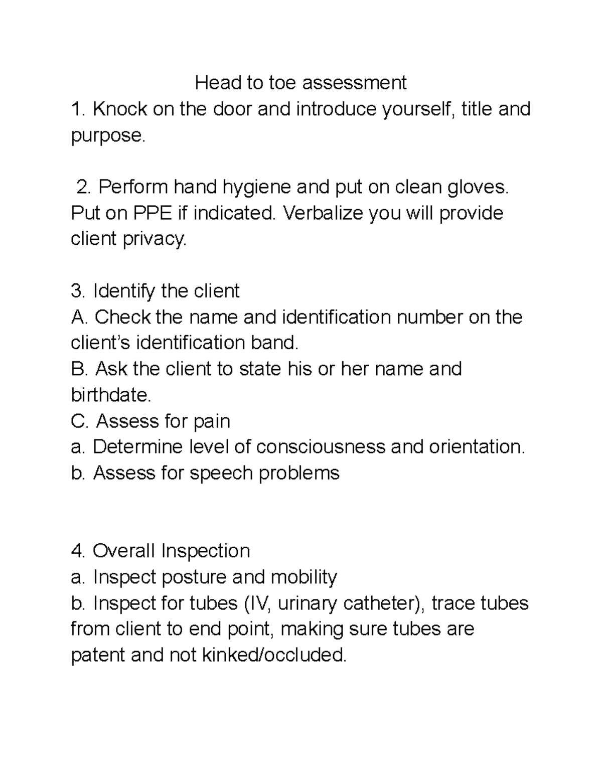NUR 101: Head to Toe Assessment - Comprehensive Notes - Studocu