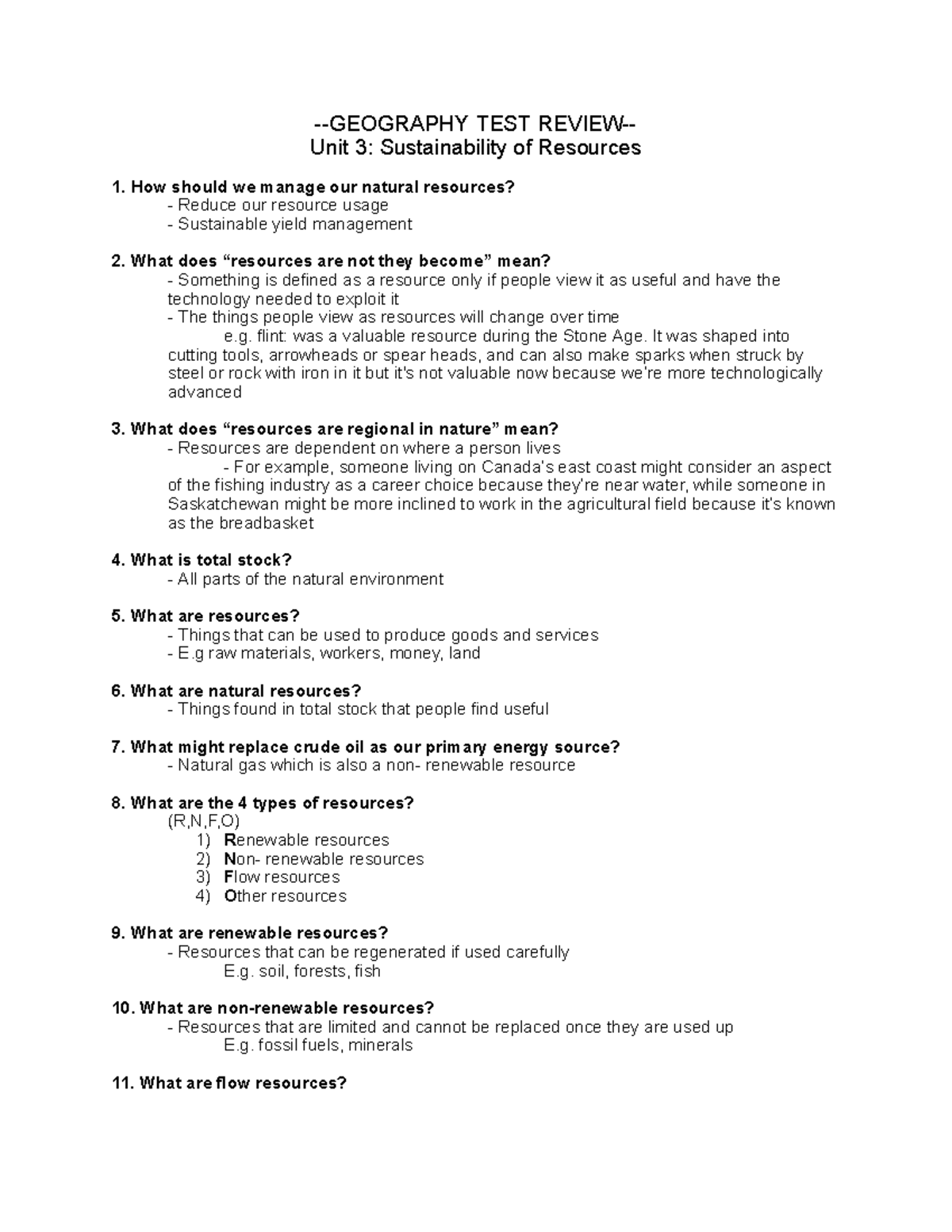 Geography- GEOG 101 Unit 3 Resource Sustainability Review - Studocu