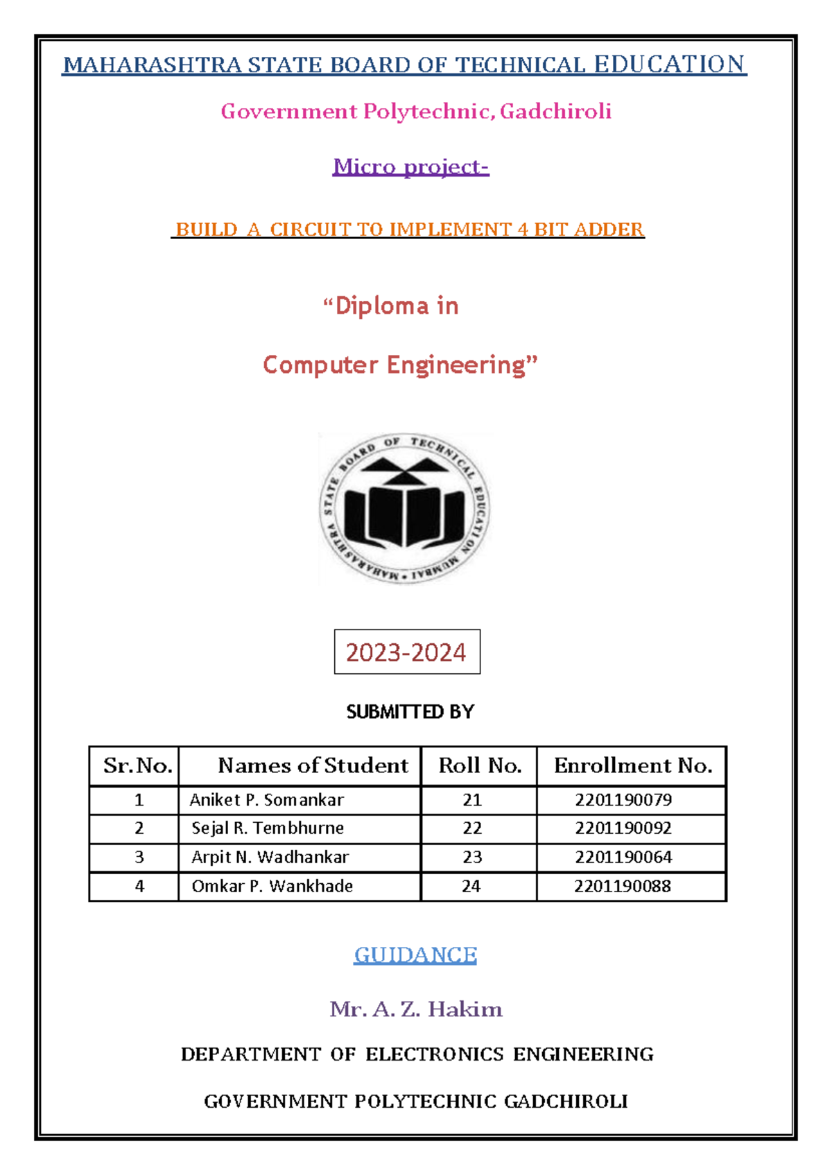 Micro Project on 4 Bit Adder Circuit for DTE Diploma CE 2023-2024 - Studocu