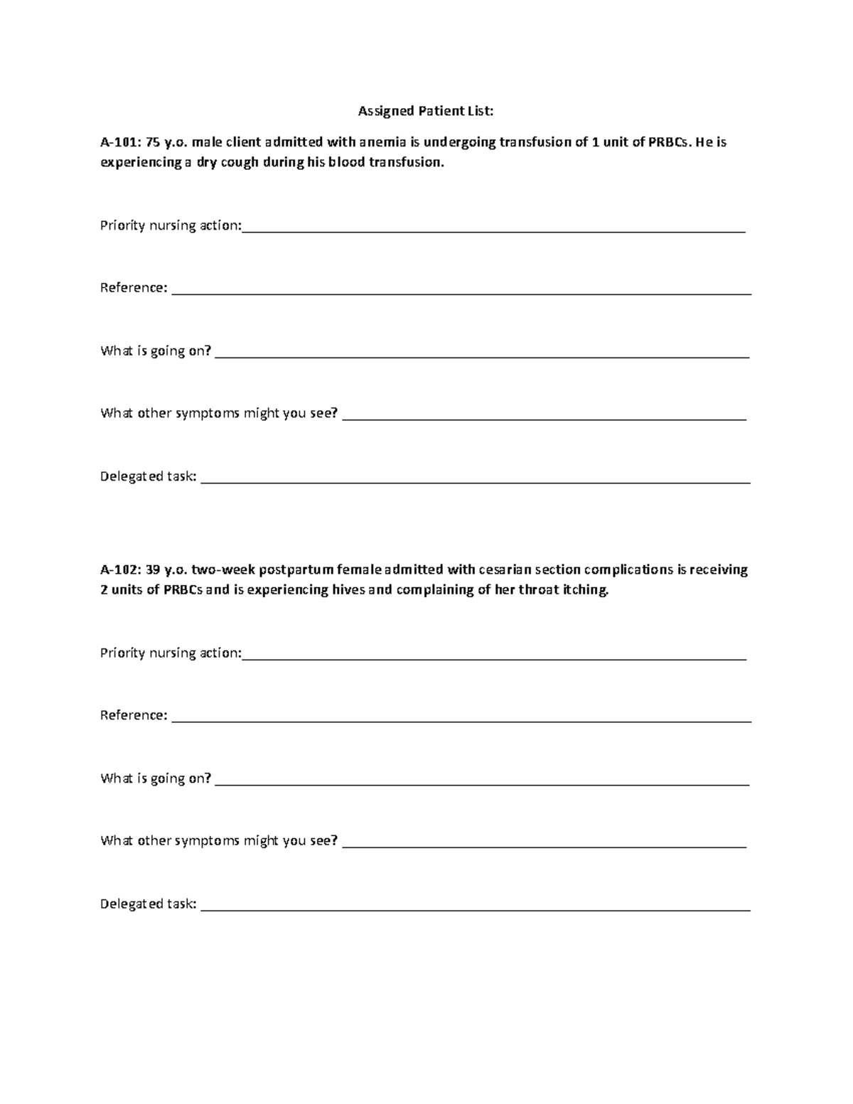 Blood Transfusion Assignment-1 - Assigned Patient List: A- 10 1: 75 y ...