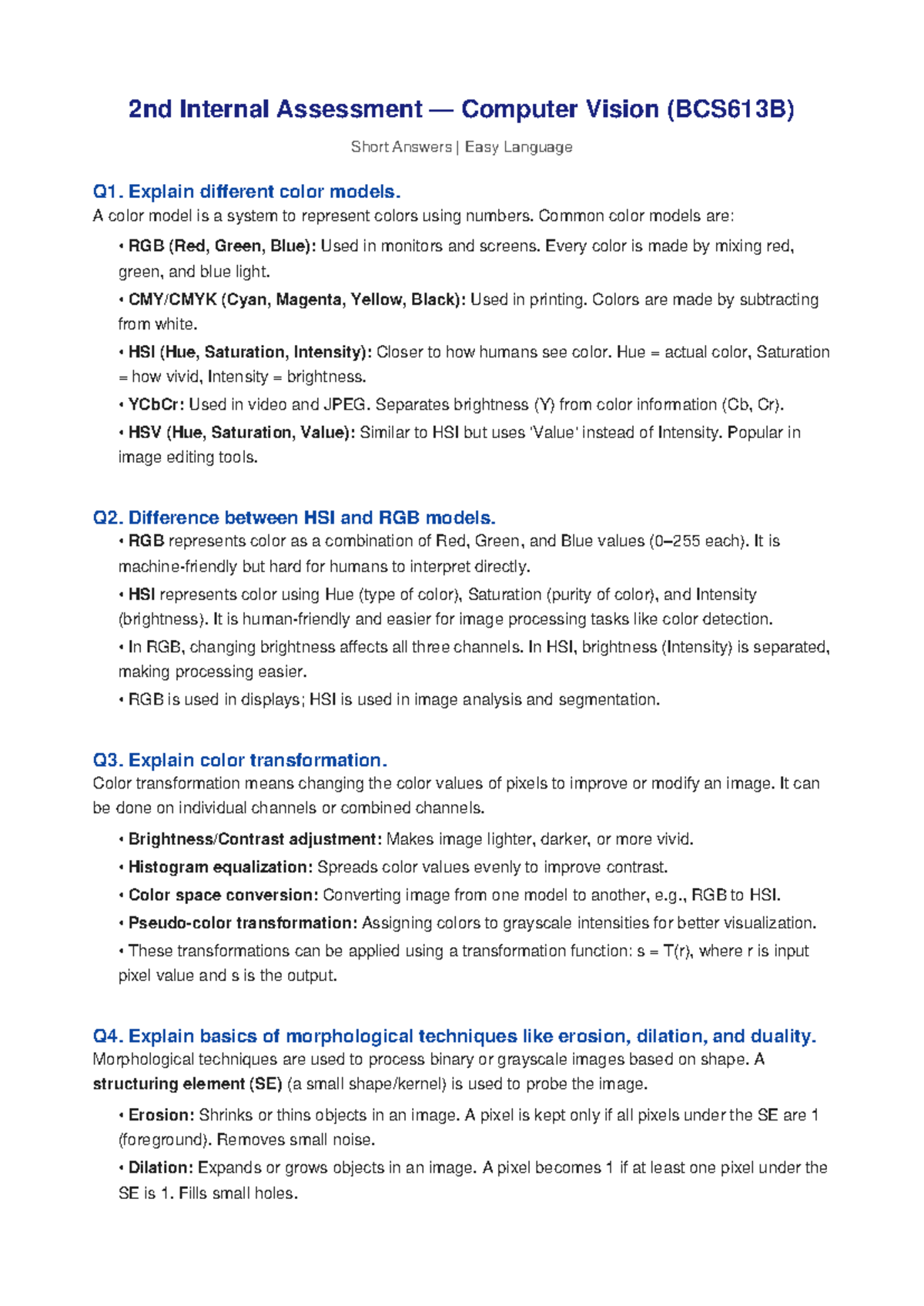 CV BCS613B 2nd Internal Assessment Short Answers on Color Models ...