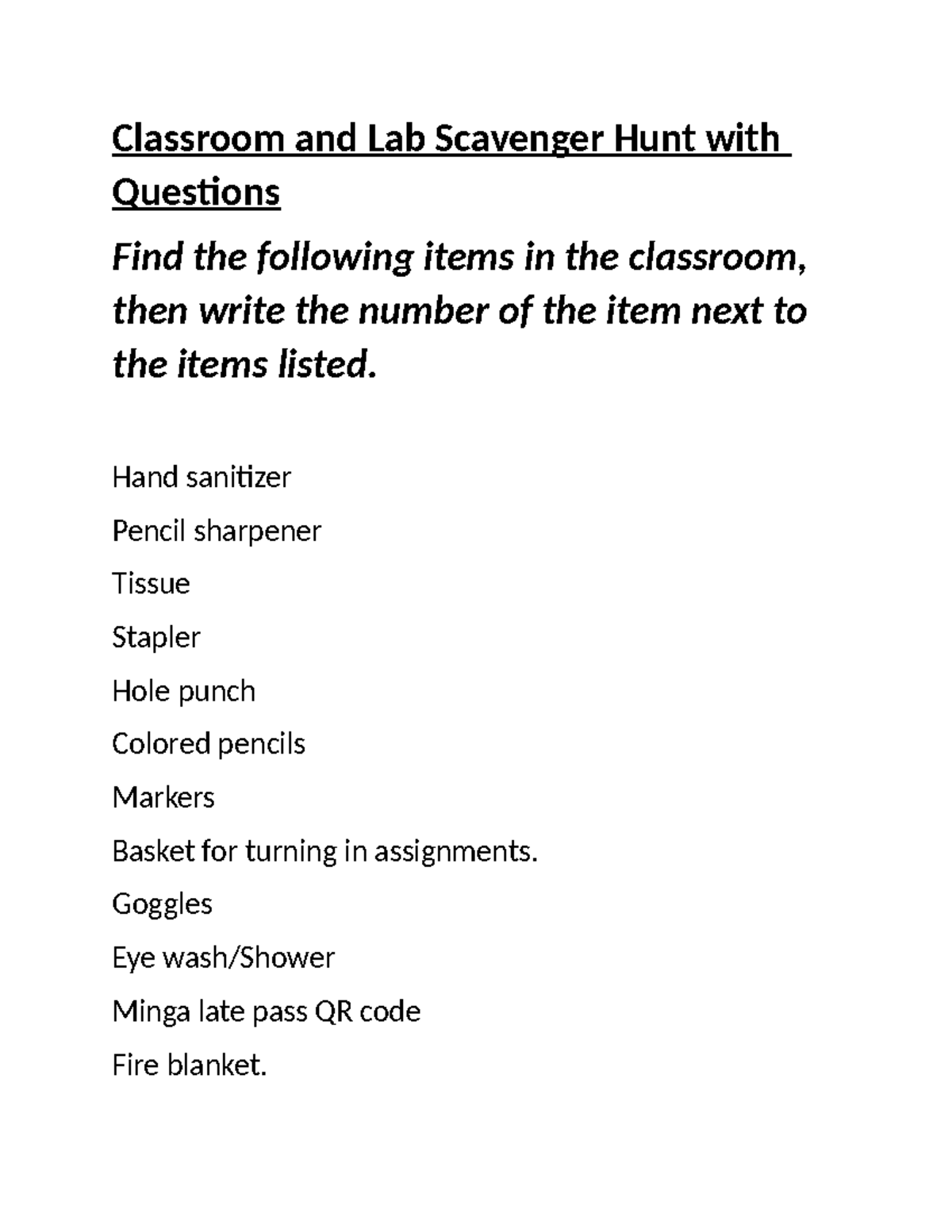 Classroom and Lab Scavenger Hunt with Questions - Classroom and Lab ...