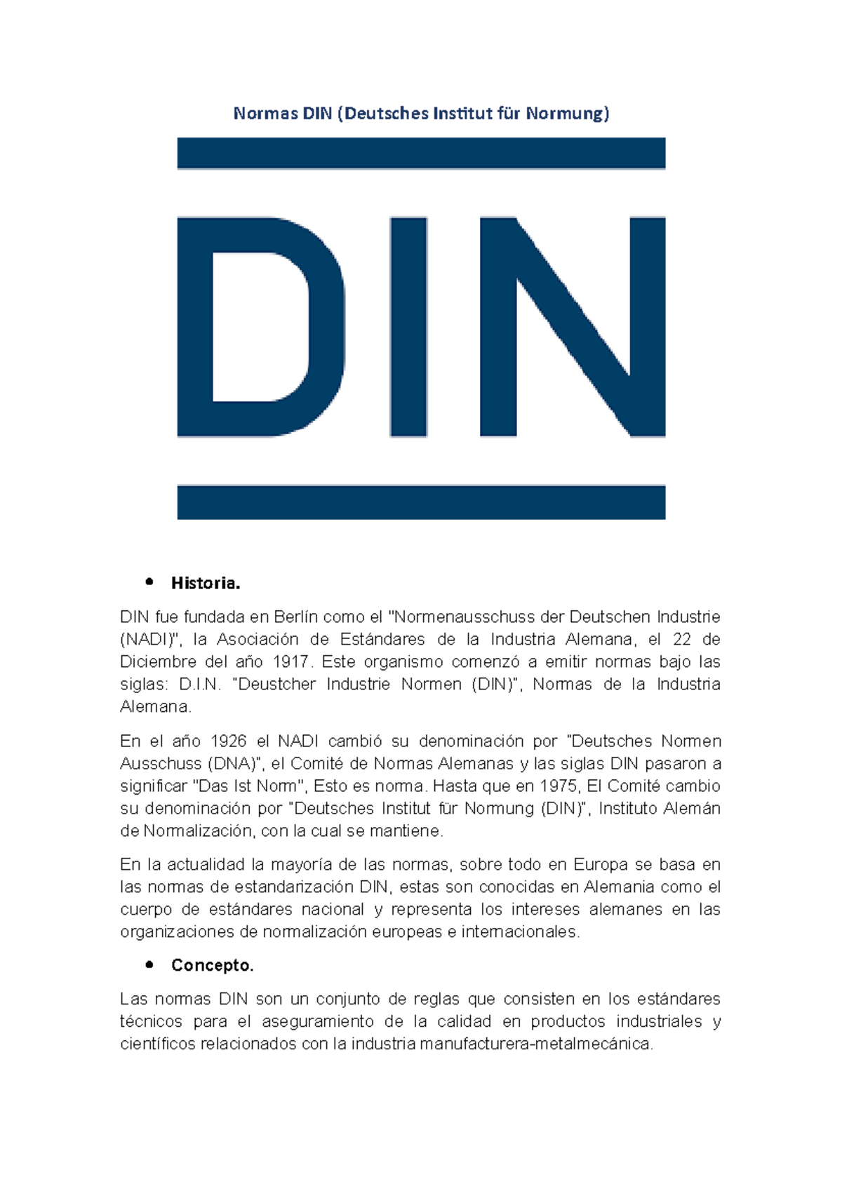 Normas DIN: Historia, Conceptos y Aplicaciones Clave en la Tarea - Studocu