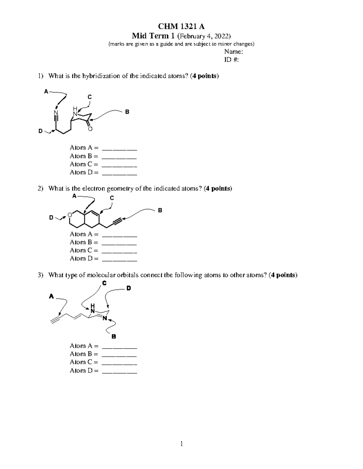 CHM 1321 A Midterm 1 Practice Questions (Feb 2022) - Studocu