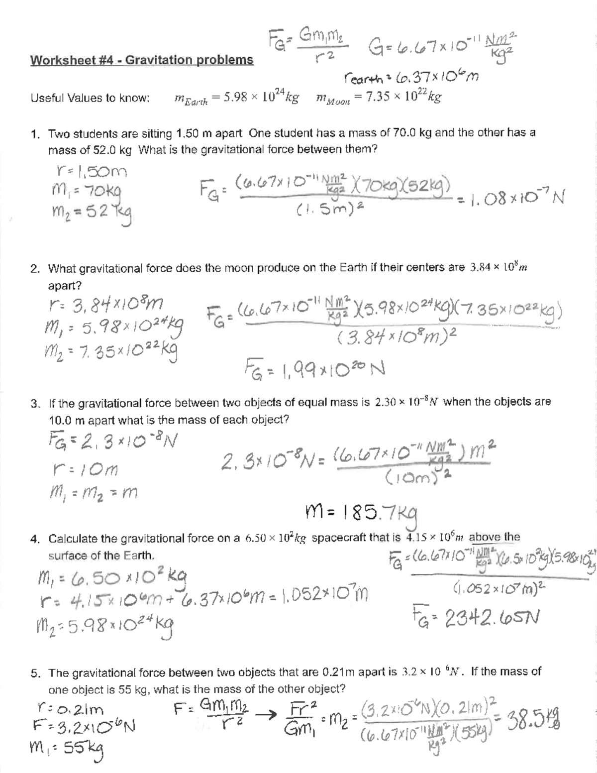 Gravitation WS#1 worksheet answers and useful values for problems - Studocu