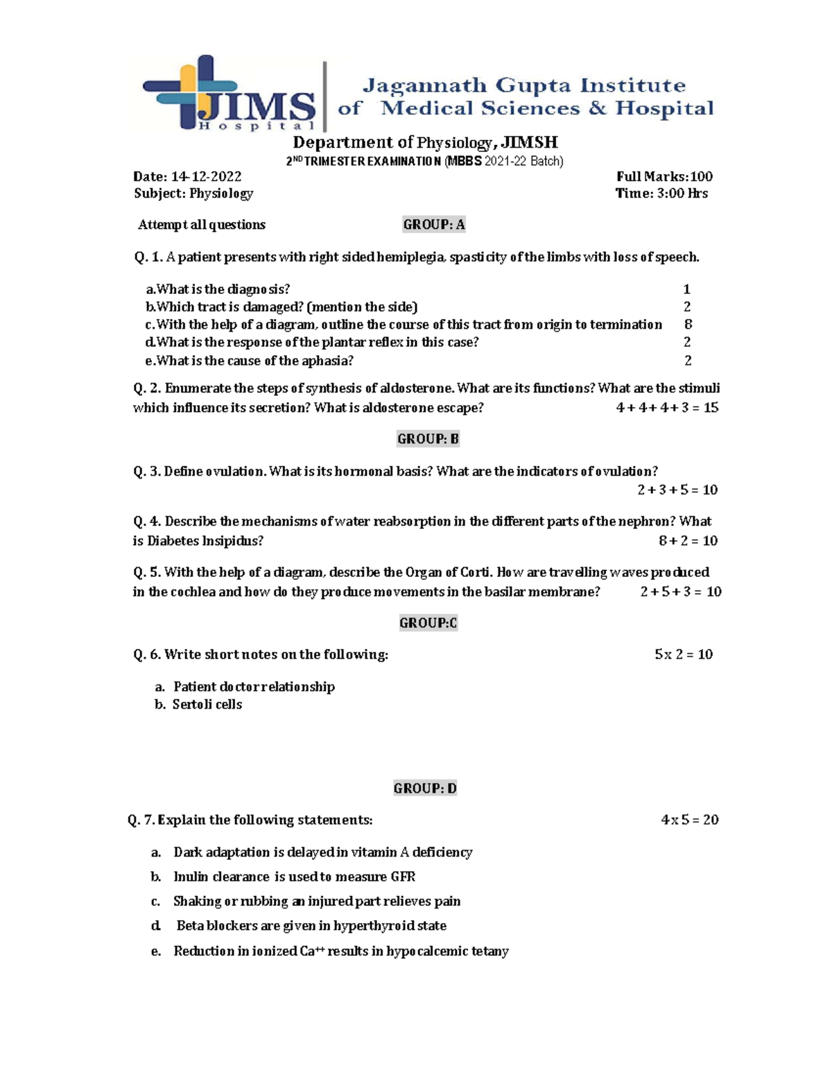 Physiology 2ND Trimester Exam (MBBS Batch) - Q&A Guide - Studocu