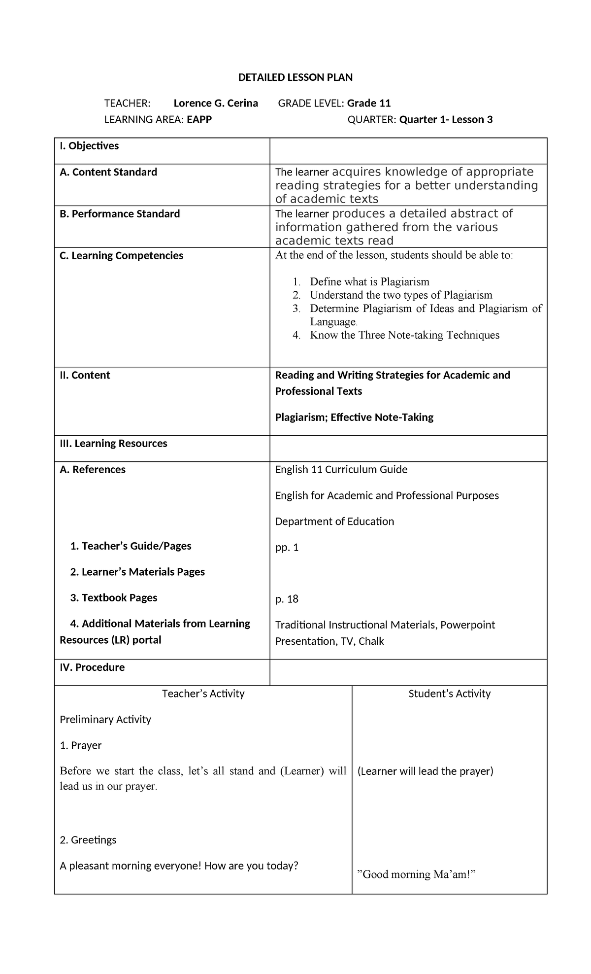 EAPP 11 Lesson Plan: Understanding Plagiarism & Note-Taking Techniques - Studocu