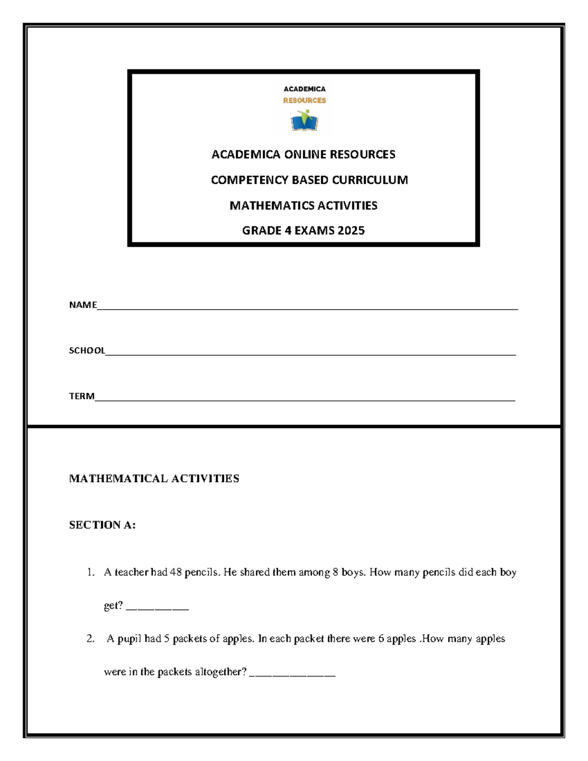 Grade 4 CBC 2025 Mathematics Activities: Exam Questions & Guidelines ...