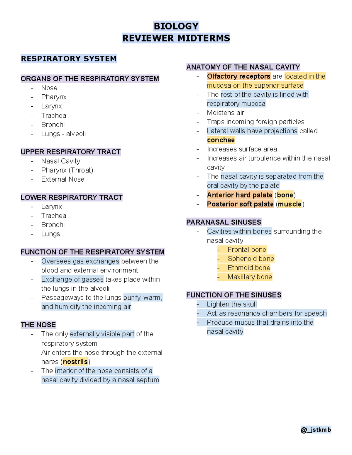 Biology- Reviewer - notes - REVIEWER MIDTERMS RESPIRATORY SYSTEM ORGANS ...