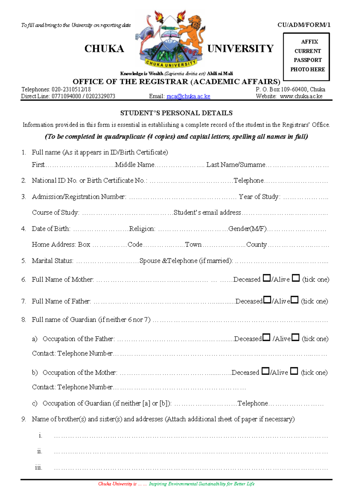 CHUKA University Student Personal Details Form - Studocu