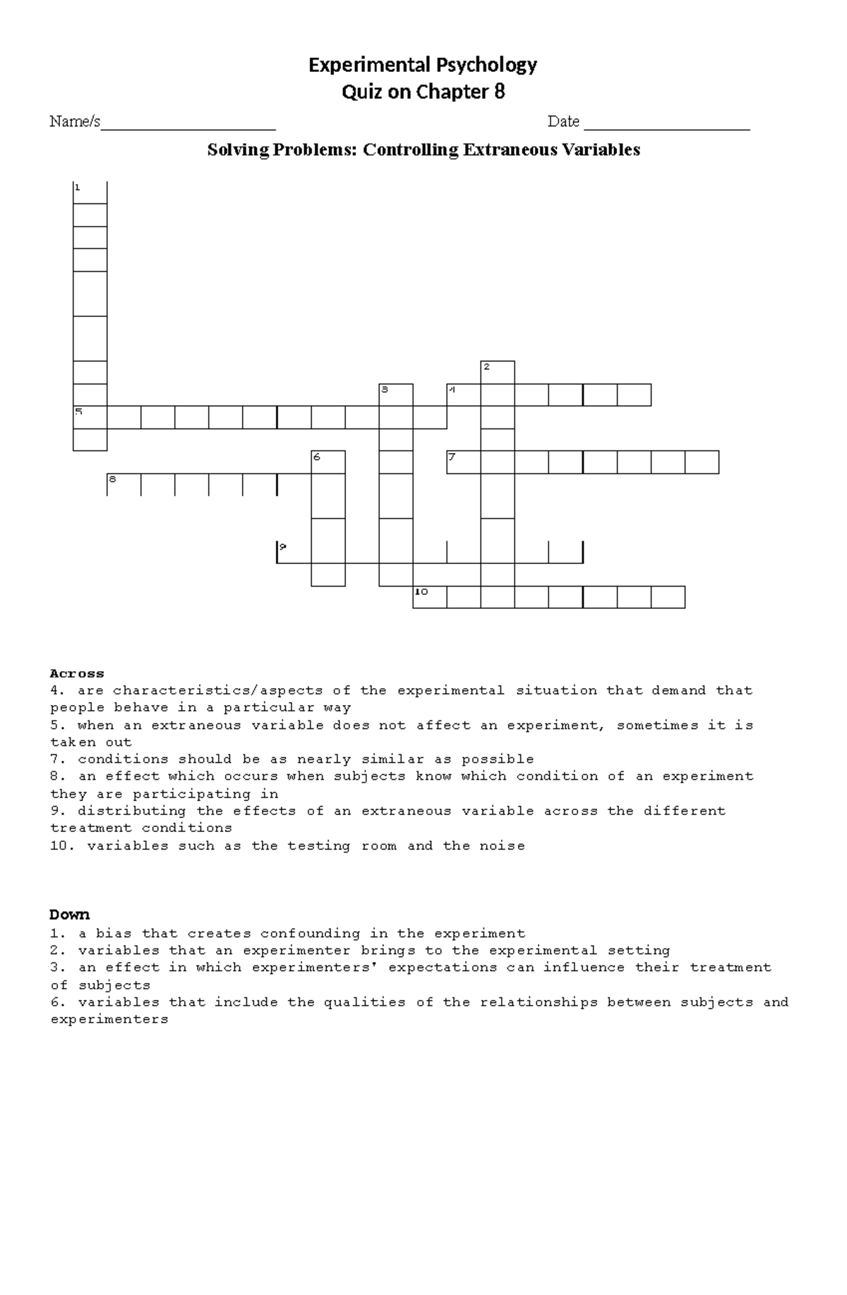 QUIZ ON CH. 8: Controlling Extraneous Variables in Experimental ...