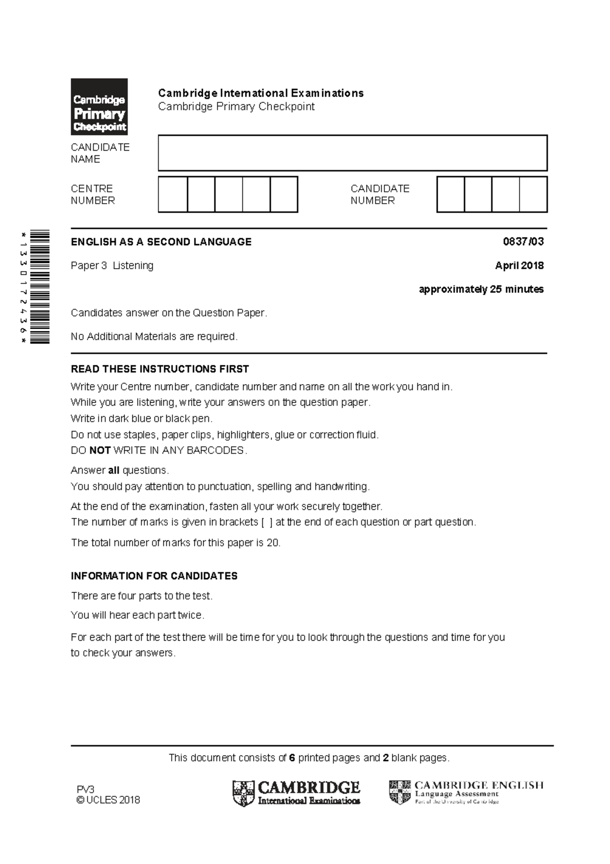 Cambridge Primary Checkpoint - ESL (0837) April 2018 Paper 3 Listening ...