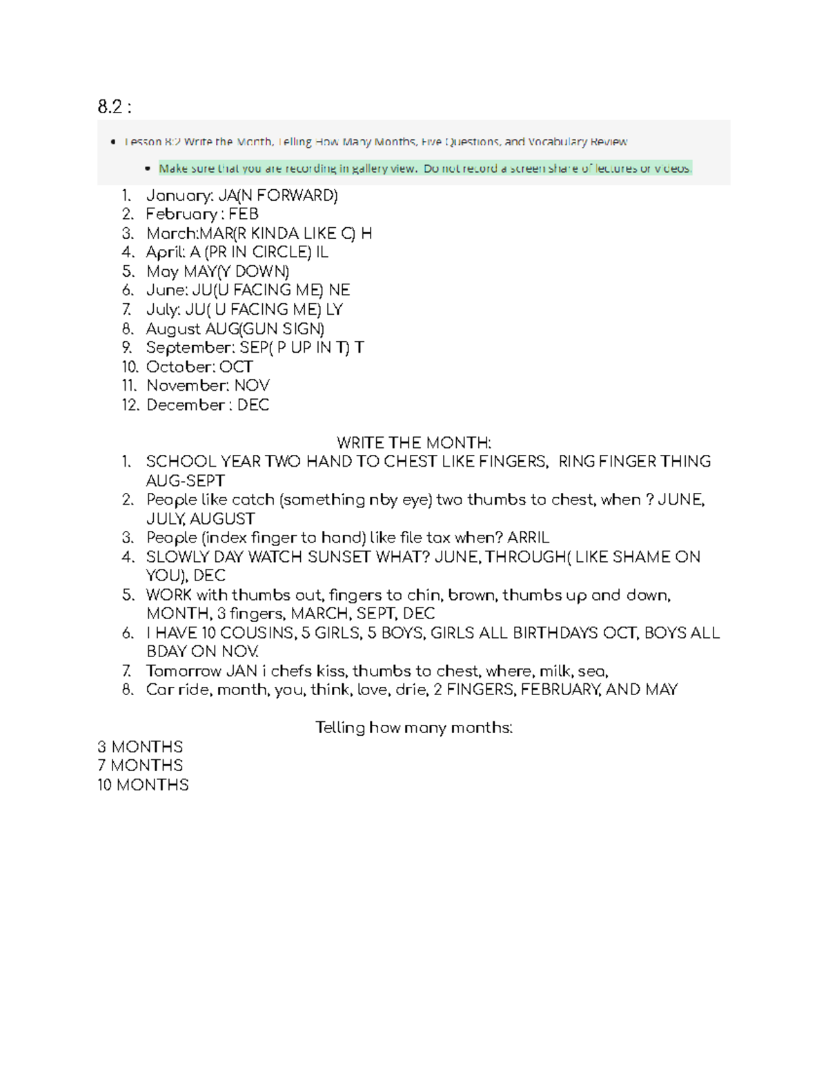 ASL 3 - Workbook Assignments from Signing Naturally: Month Activities ...
