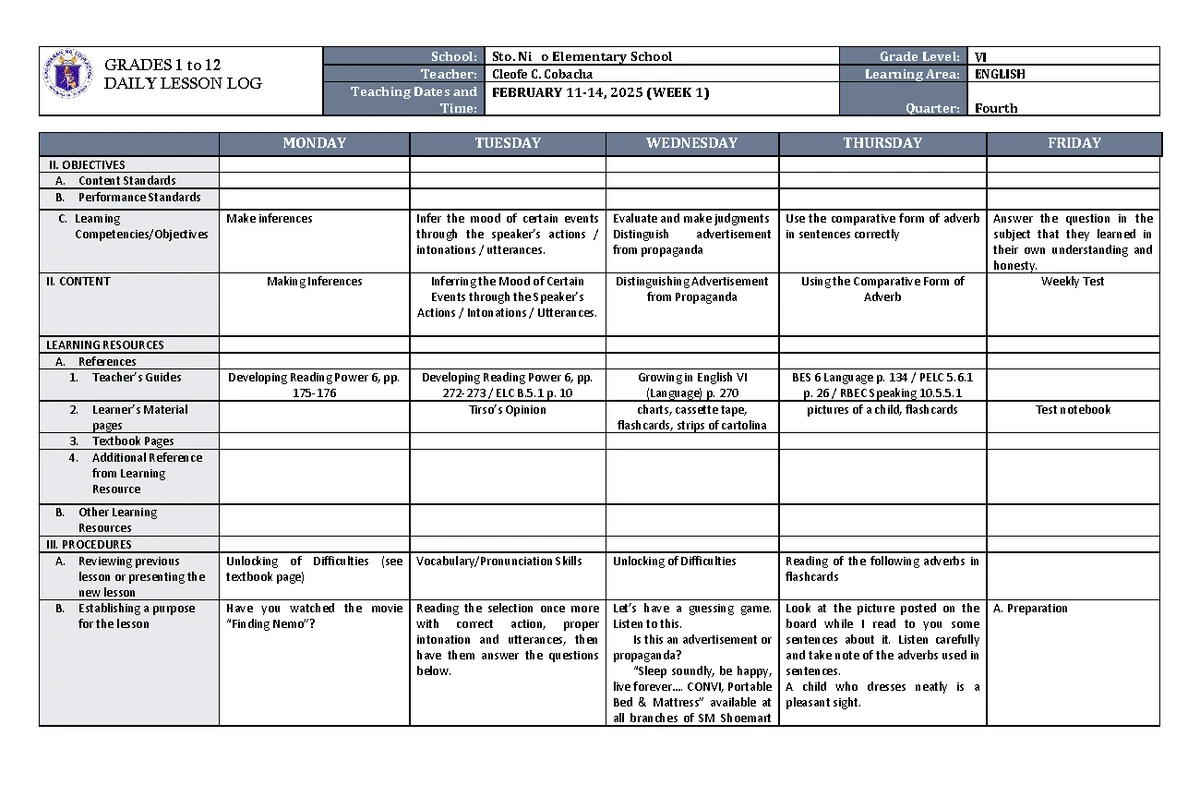 Grade 6 Daily Lesson Log: English 6 Q1 W1 Activities and Objectives ...