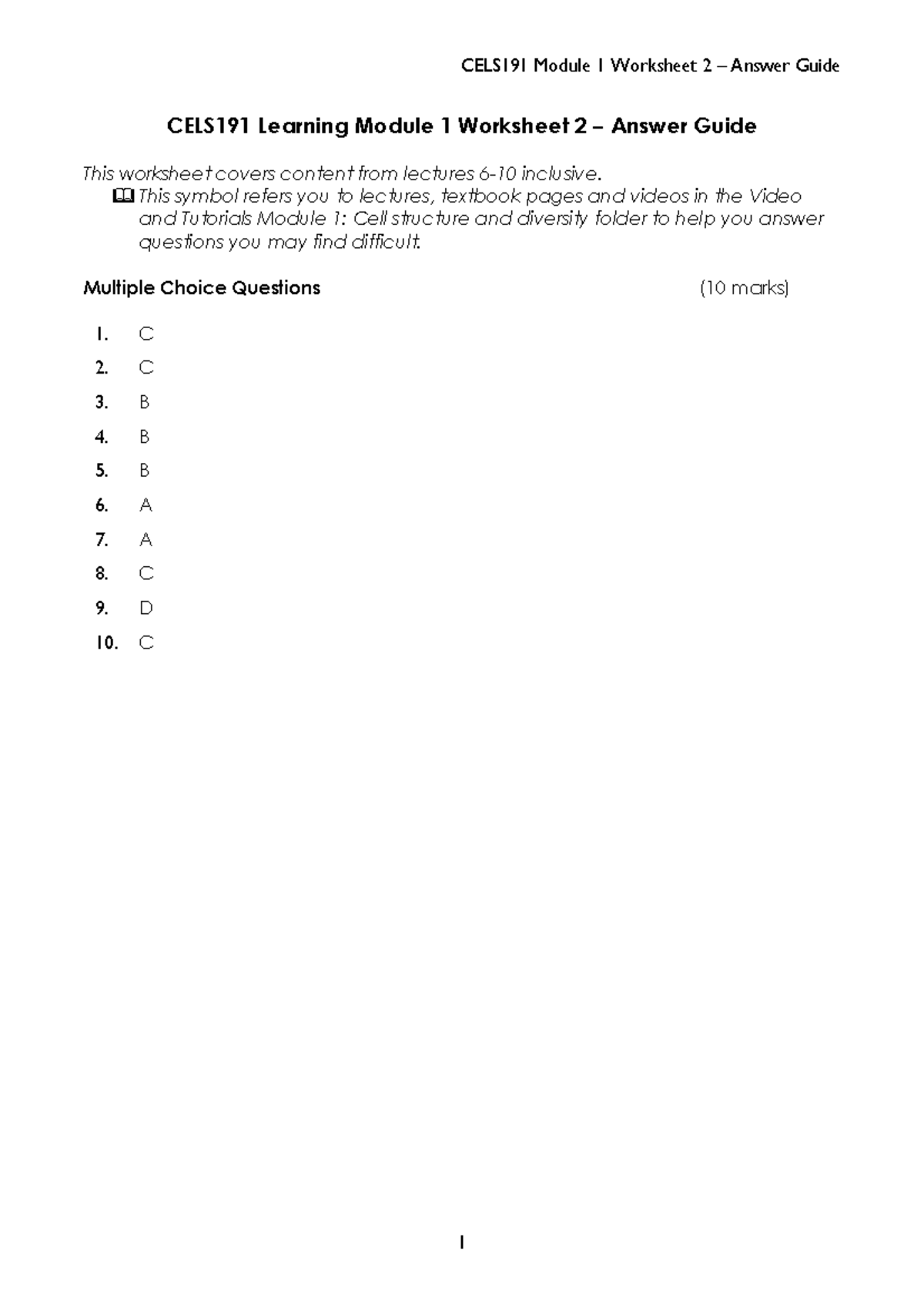 CELS191 Module 1 Worksheet 2 Answer Guide: Cell Structure & Energy ...