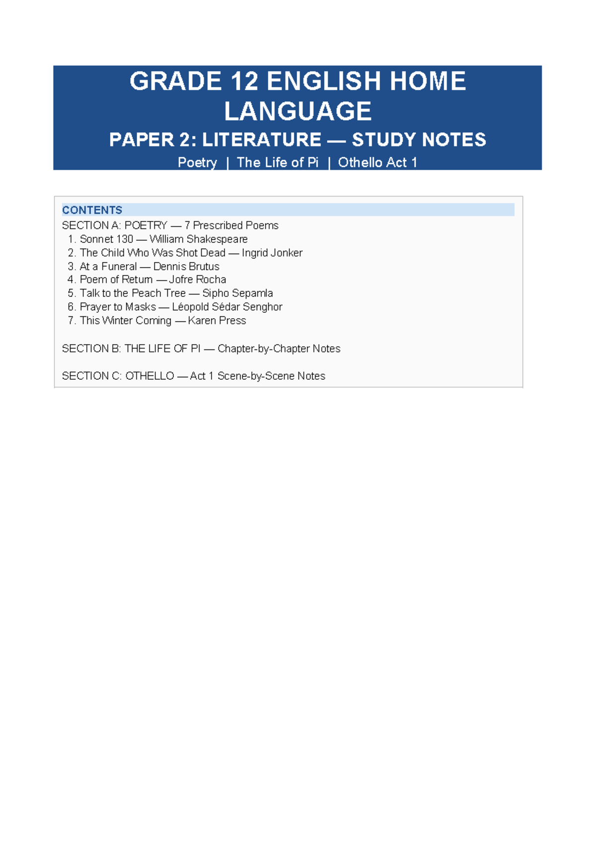 Grade 12 English HL Paper 2: Literature Study Notes on Poetry & Othello ...