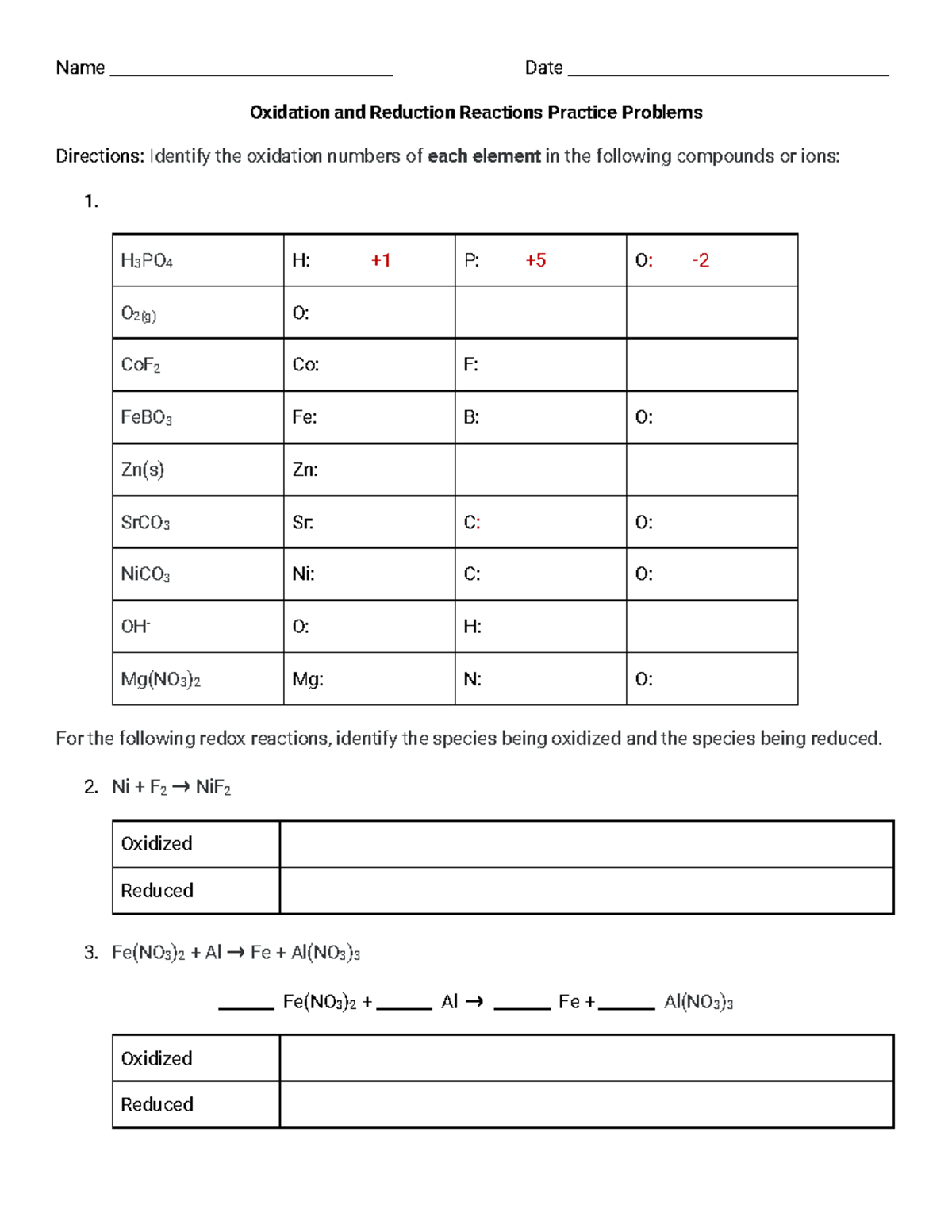 Oxidation/Reduction Reactions Practice Problems - Oxidation Numbers ...