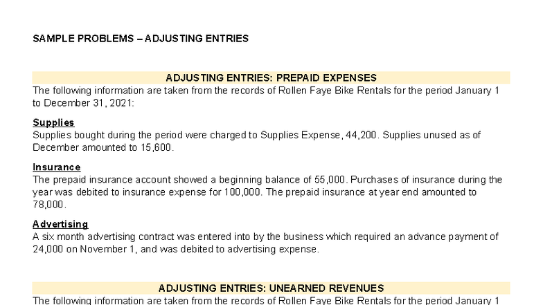 Adjusting Entries Sample Problems: Prepaid Expenses & Unearned Revenues ...