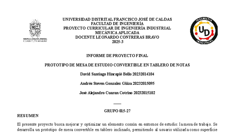 Informe Proyecto Final: Prototipo Mesa Convertible en Tablero - INGI ...