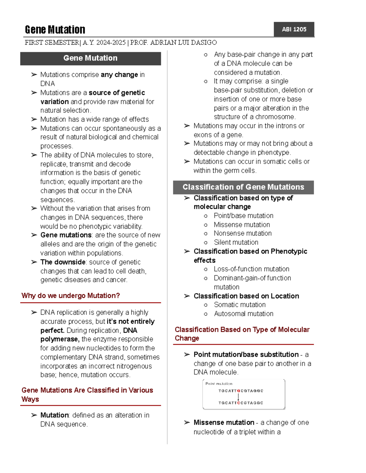ABI 1205 Lecture Notes: Understanding Gene Mutations and Effects - Studocu