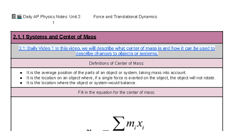 AP Physics 1 Notes: Unit 2 - Force, Translational Motion & Center of ...