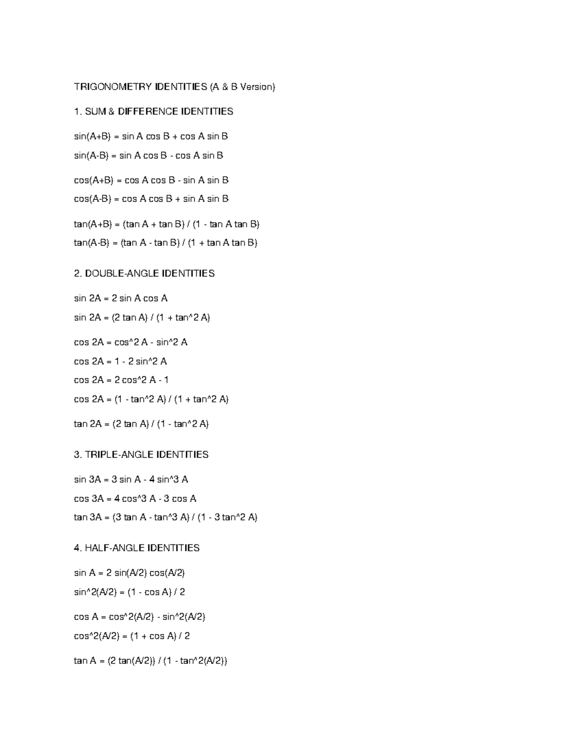TRIG 101: Comprehensive Guide to Trigonometric Identities - Studocu