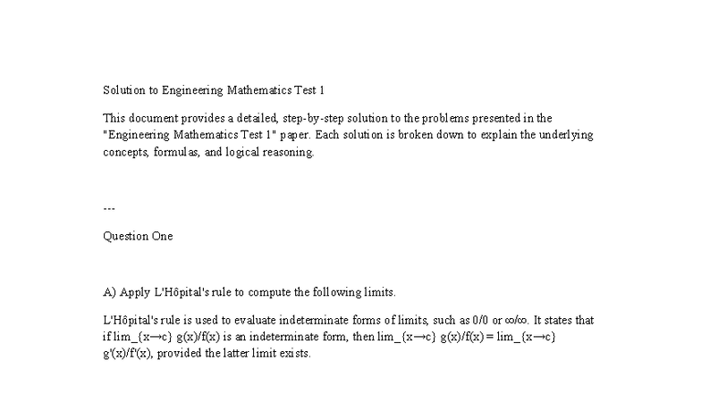 Engineering Math Test 1 Solutions: Detailed Explanations and Steps ...