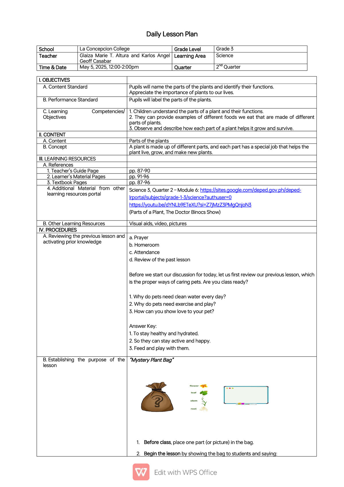 Grade 3 Science Daily Lesson Plan: Parts of Plants (PED5B) - Studocu